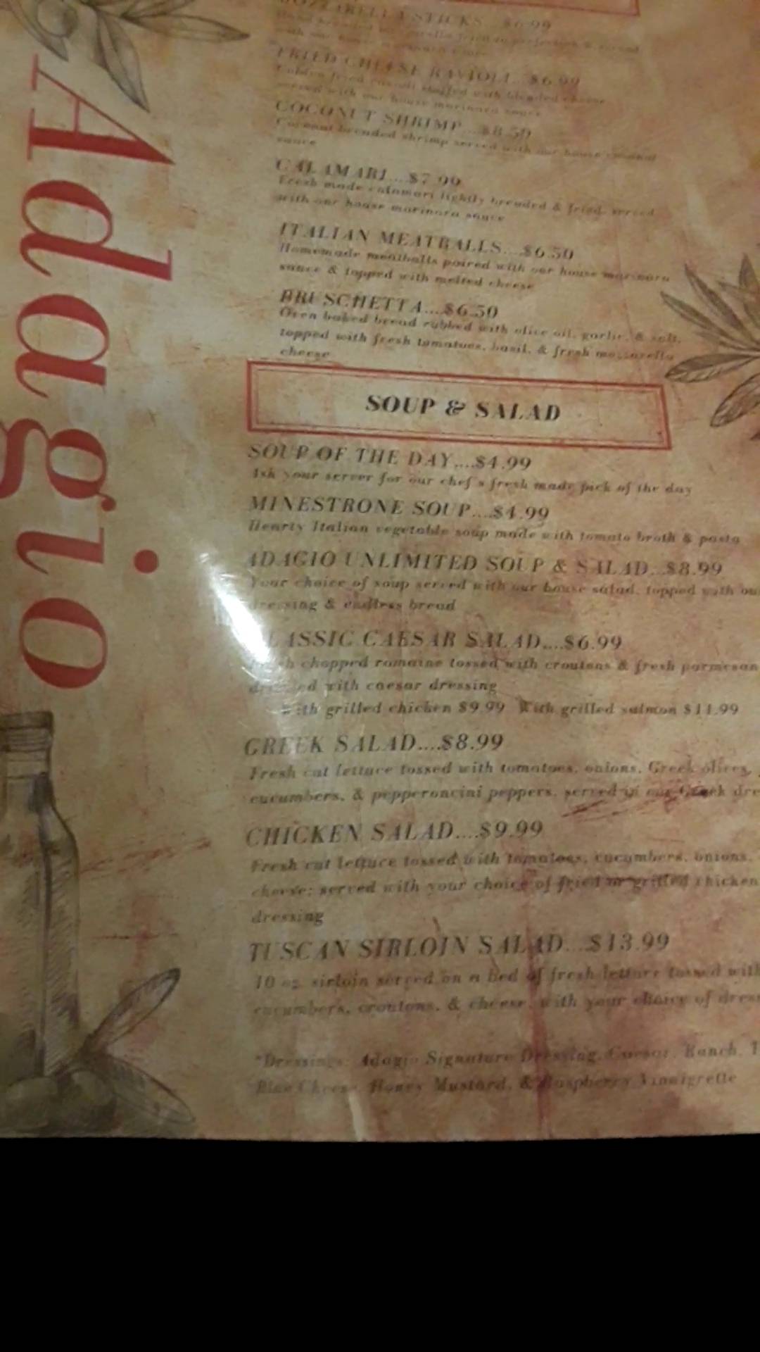 Menu at Adagio pasta and grill restaurant, Mayfield