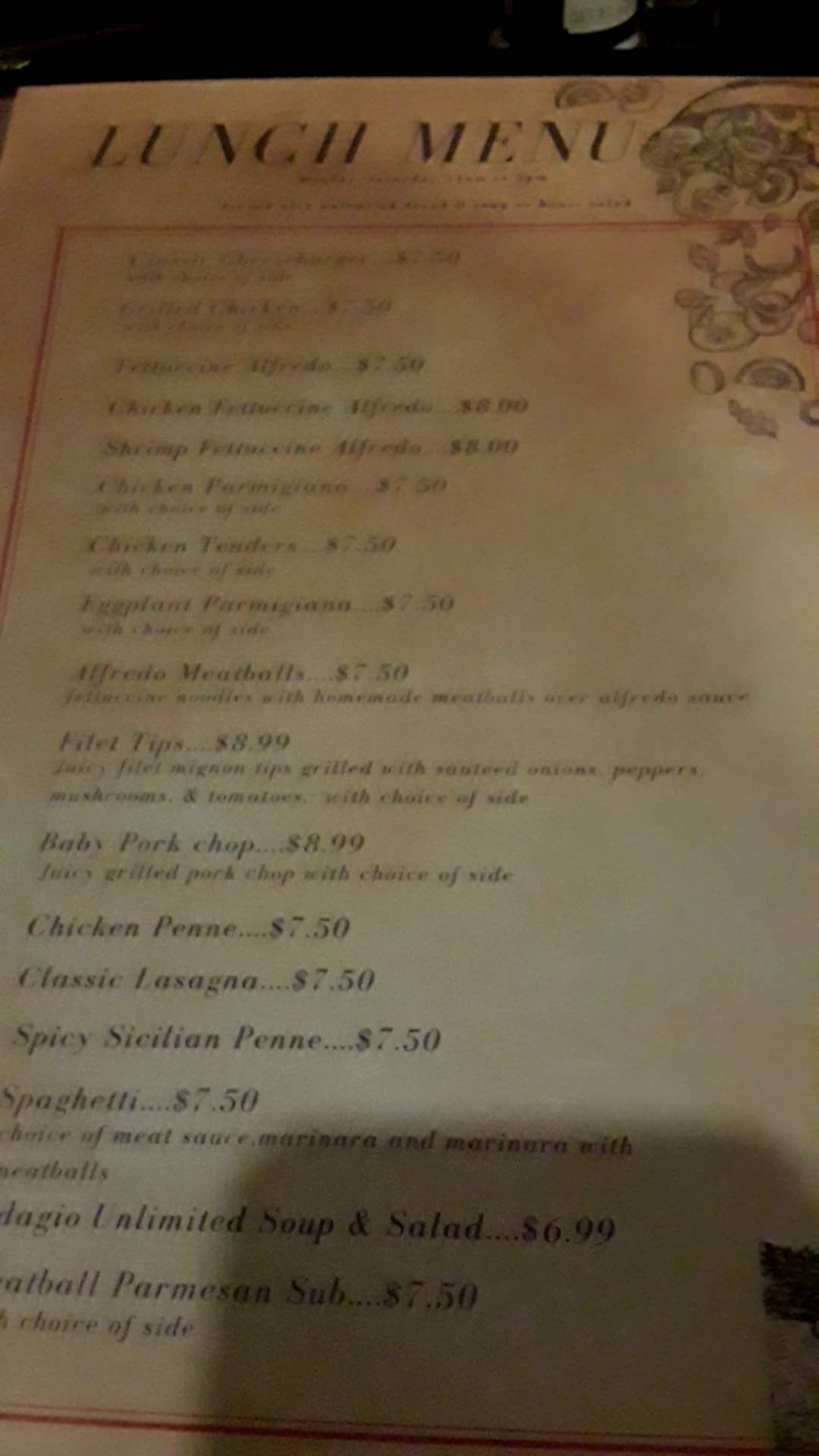 Menu at Adagio pasta and grill restaurant, Mayfield
