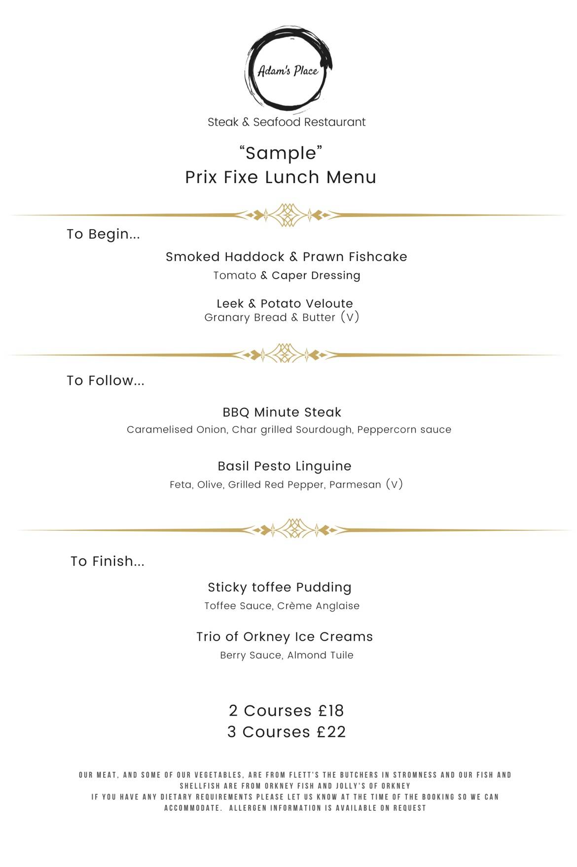 Menu at Adam's Place restaurant, Stromness