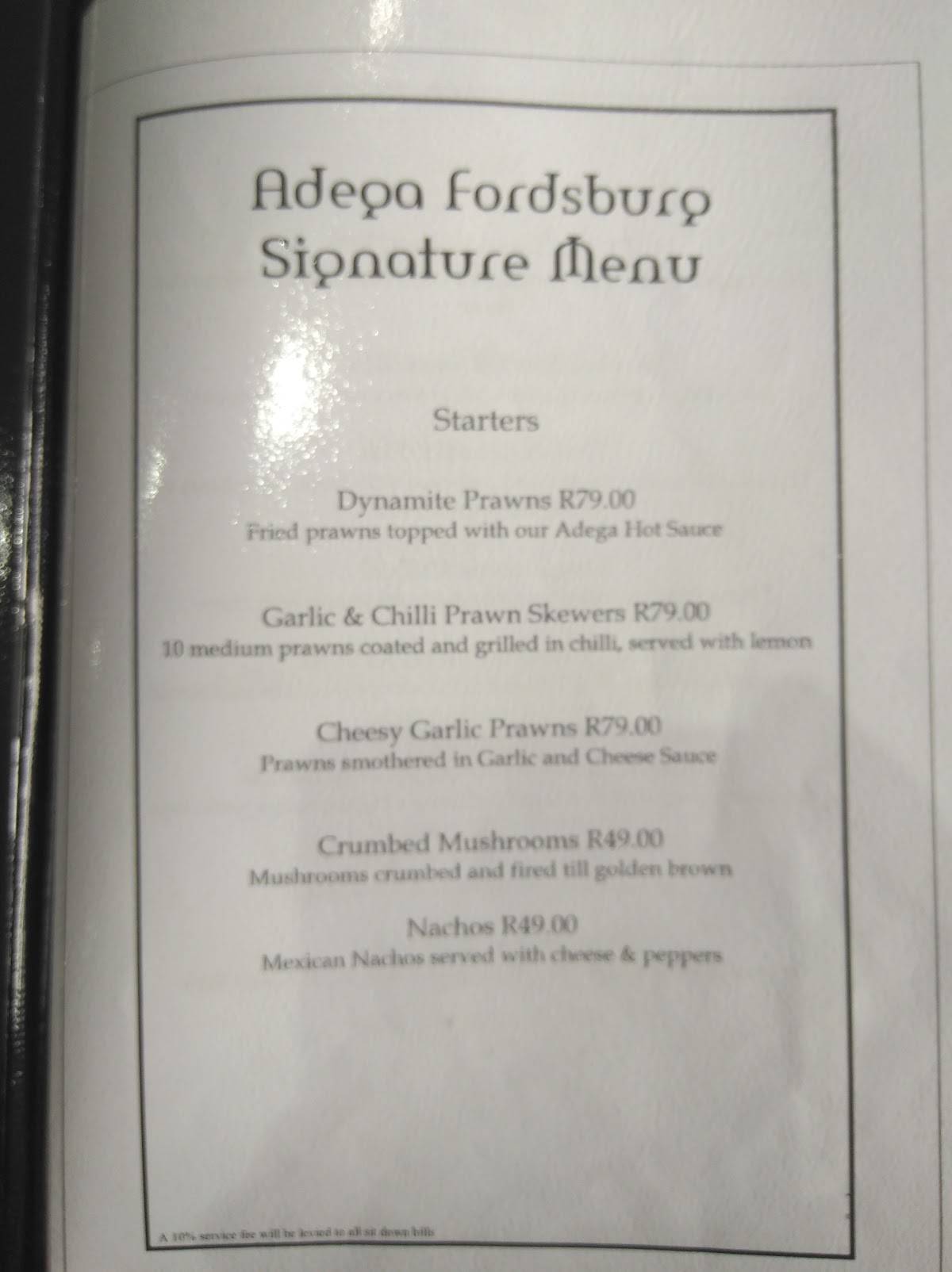 Menu at Adega restaurant, Johannesburg, 71 Central Road