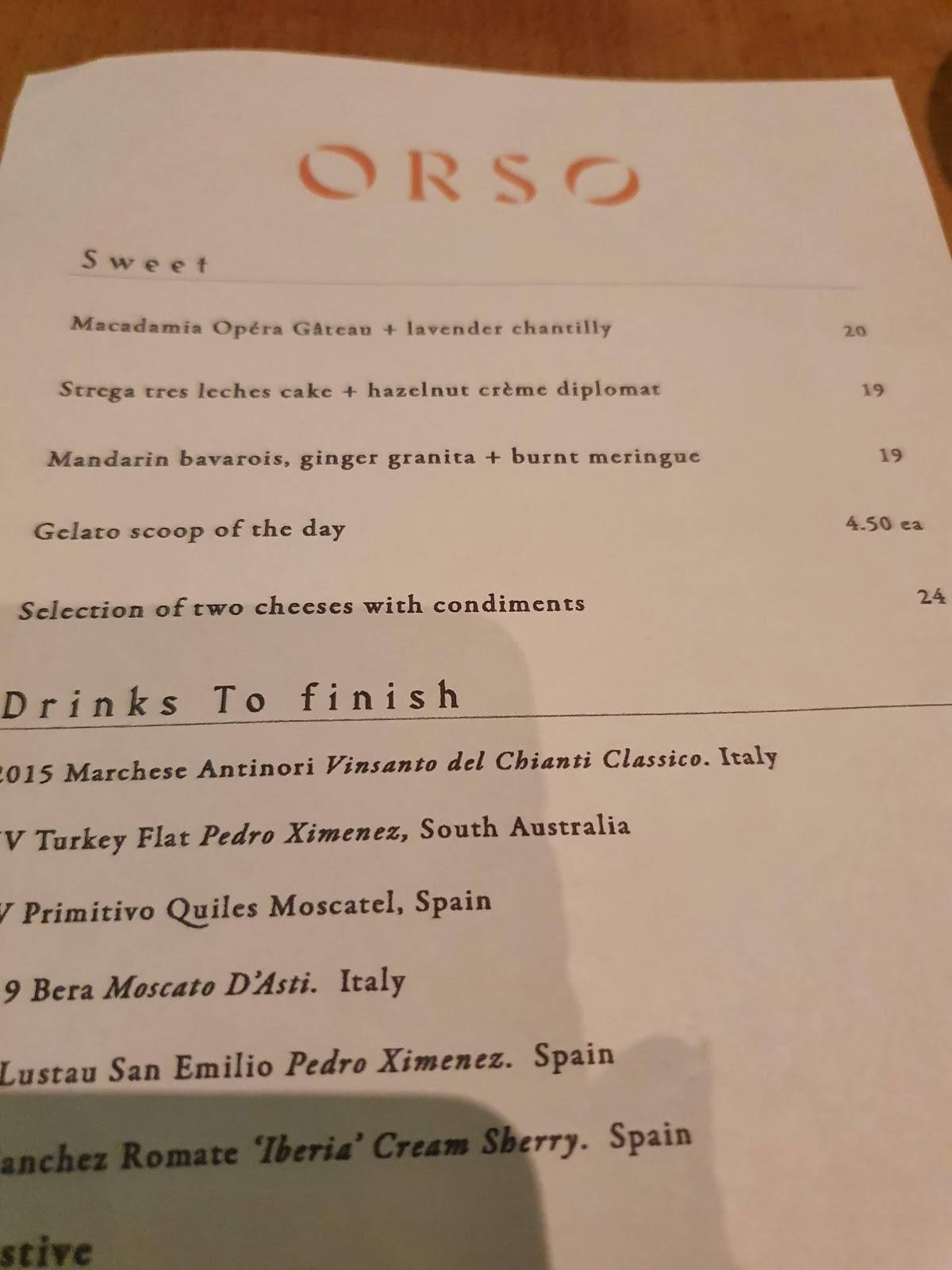 Menu at Orso restaurant, Rose Park