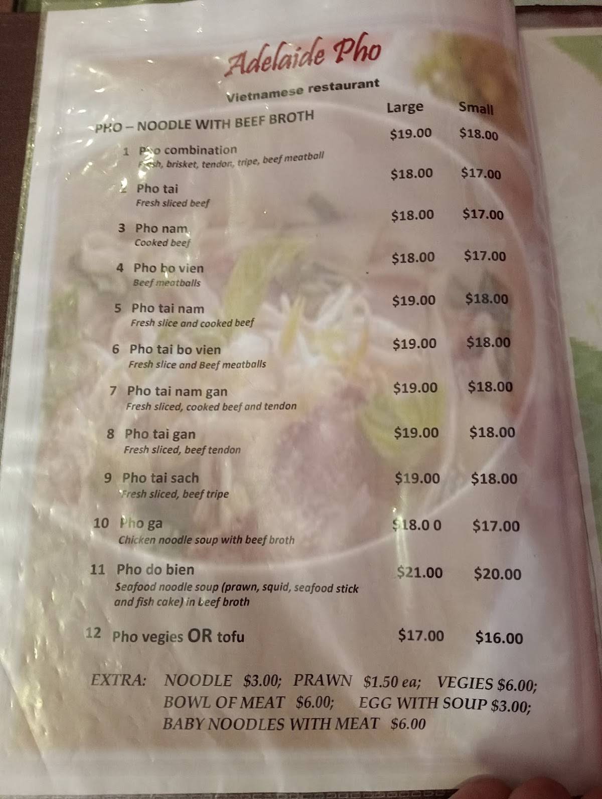 Menu at Adelaide Pho restaurant, Adelaide