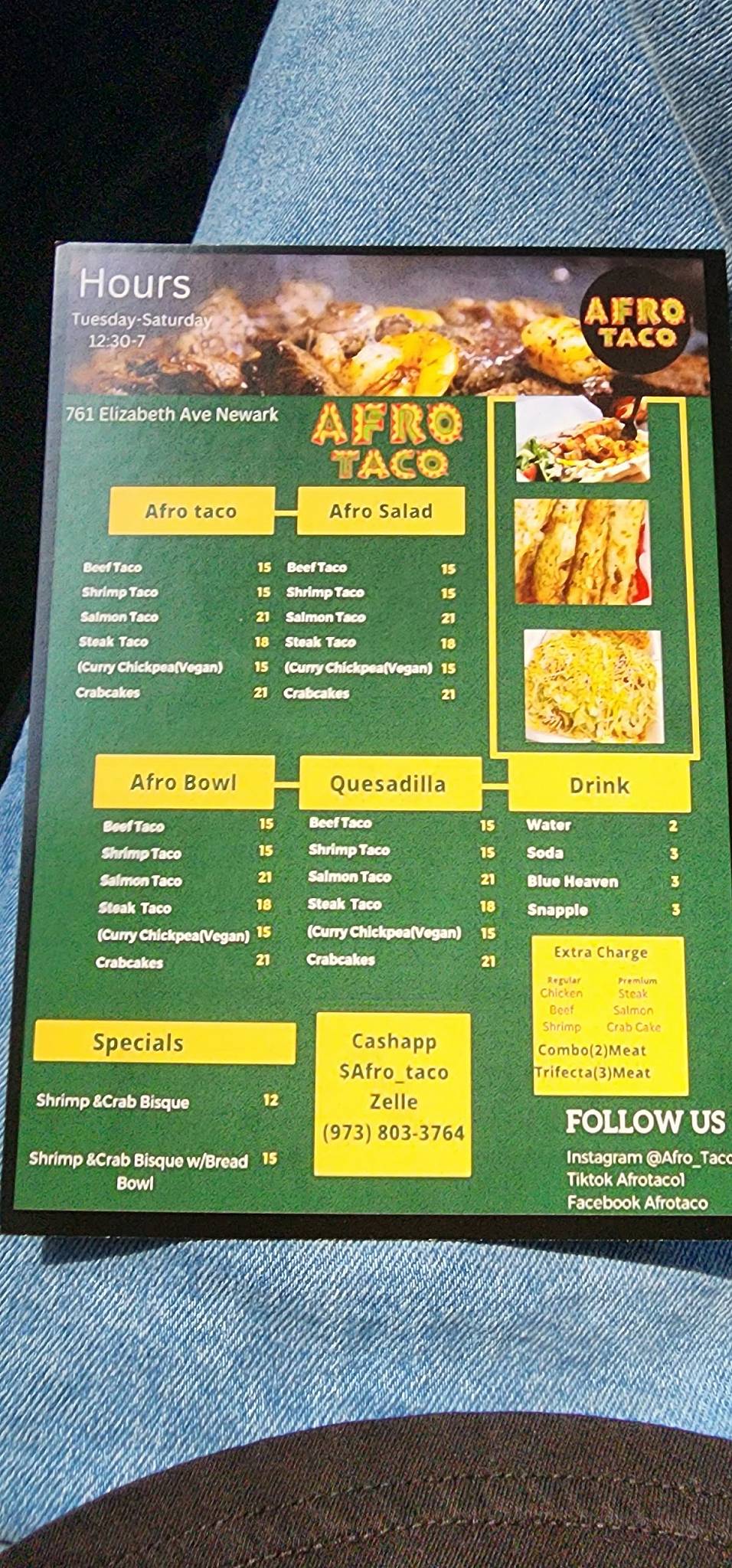 Menu at Afro Taco restaurant, Newark