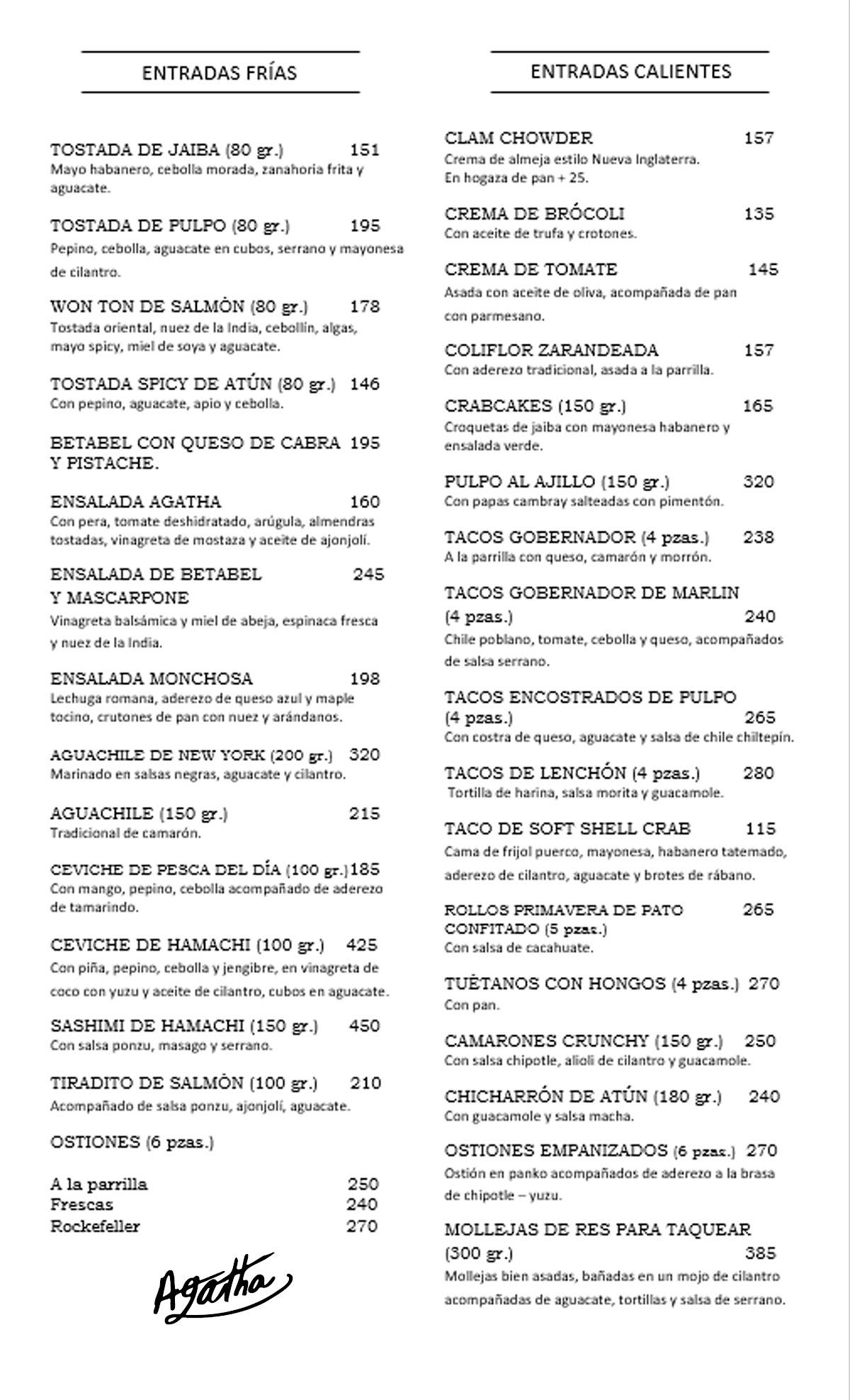 Menu at Agatha Kitchen Bar, Mazatlán, Av. Gaviotas 225