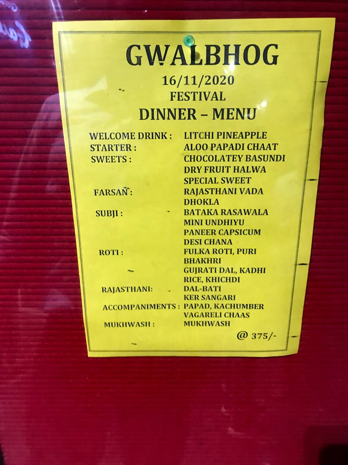 Menu at GwalBhog, Motera Chandkheda, Ahmedabad