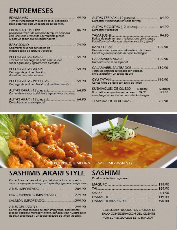 Carta del restaurante Akari Japanese Bistró, Saltillo