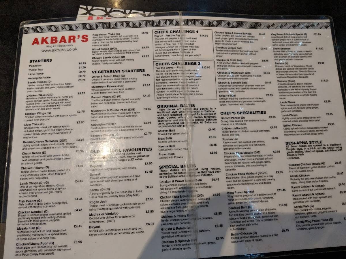 Menu at Akbar's Restaurant, Leeds, 15 Eastgate