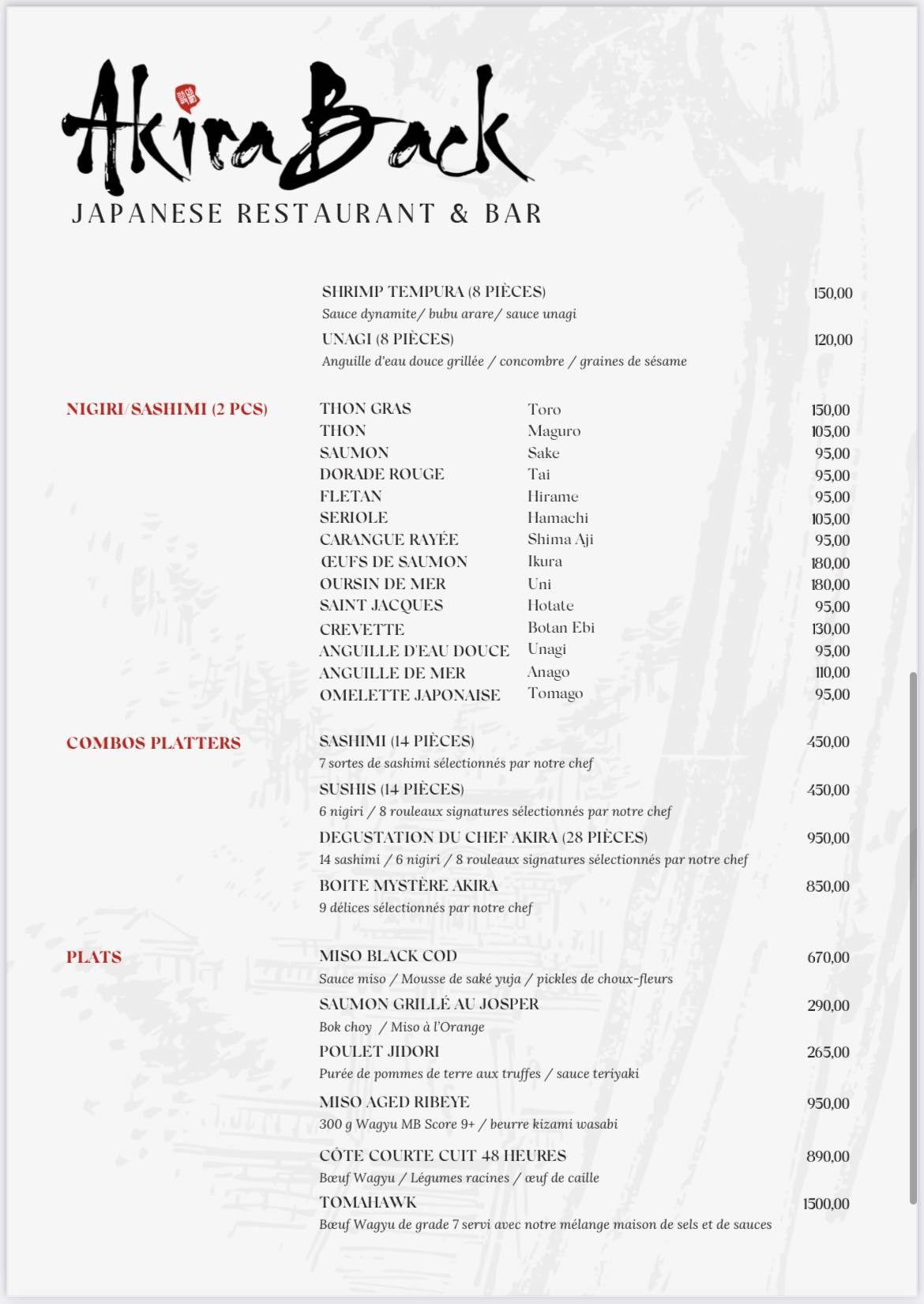 Menu at Akira Back restaurant, Marrakesh