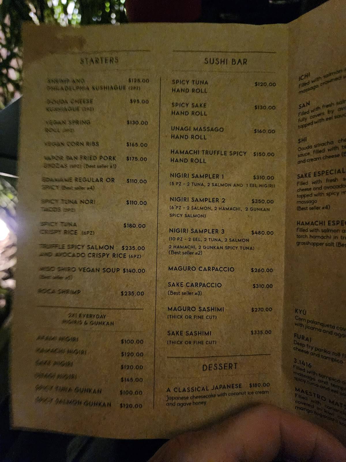Carta del restaurante Akuma Tiger Sushi, Tulum