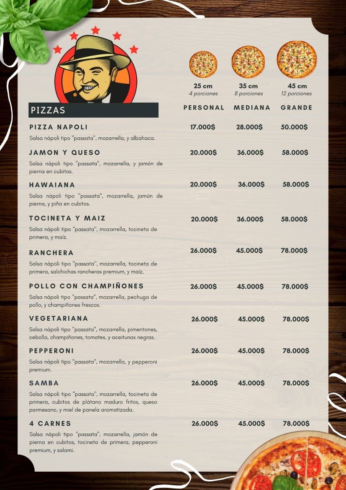 Menu at Al Capone Pizza restaurant, Colombia