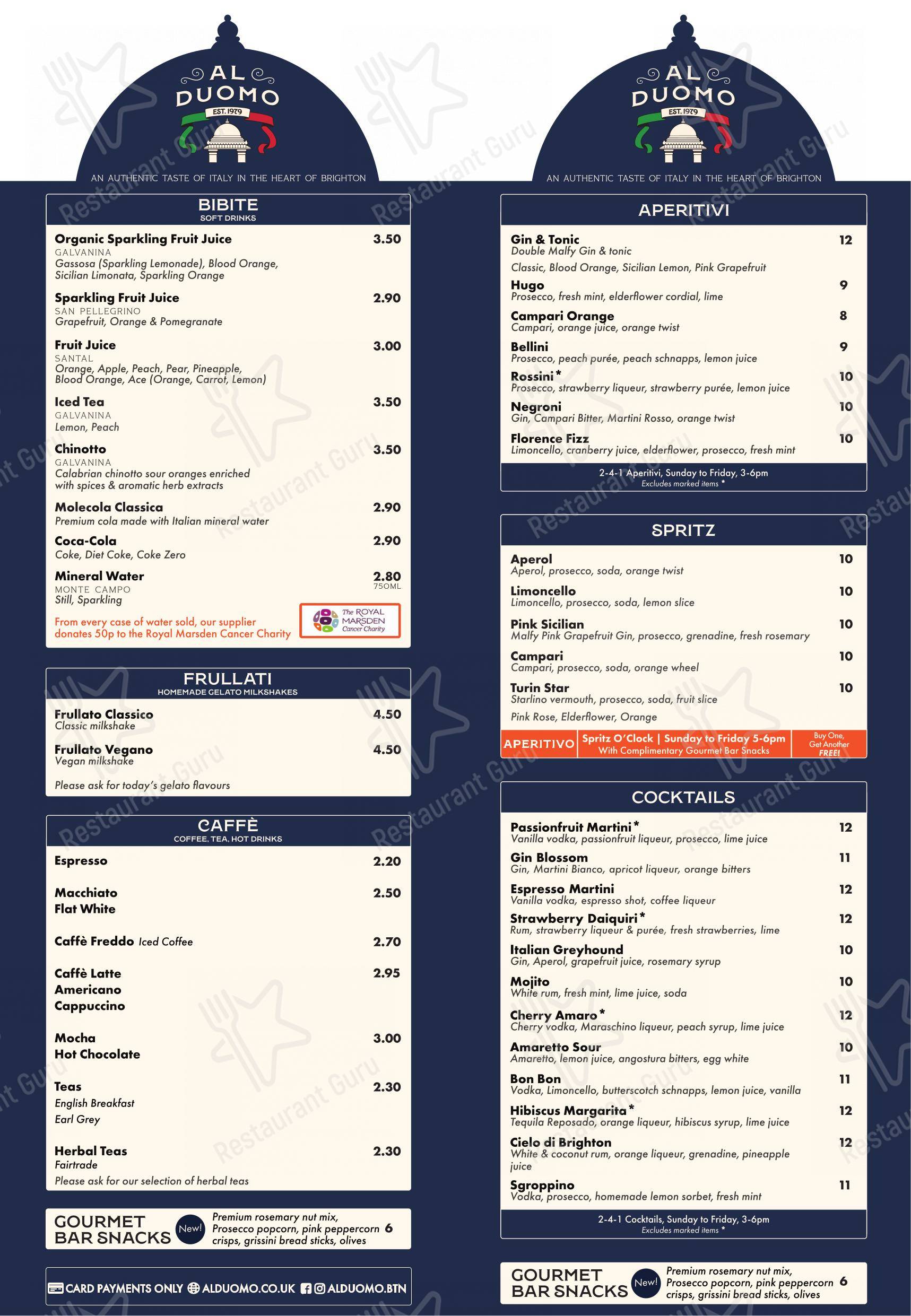 Menu at Al Duomo restaurant, Brighton