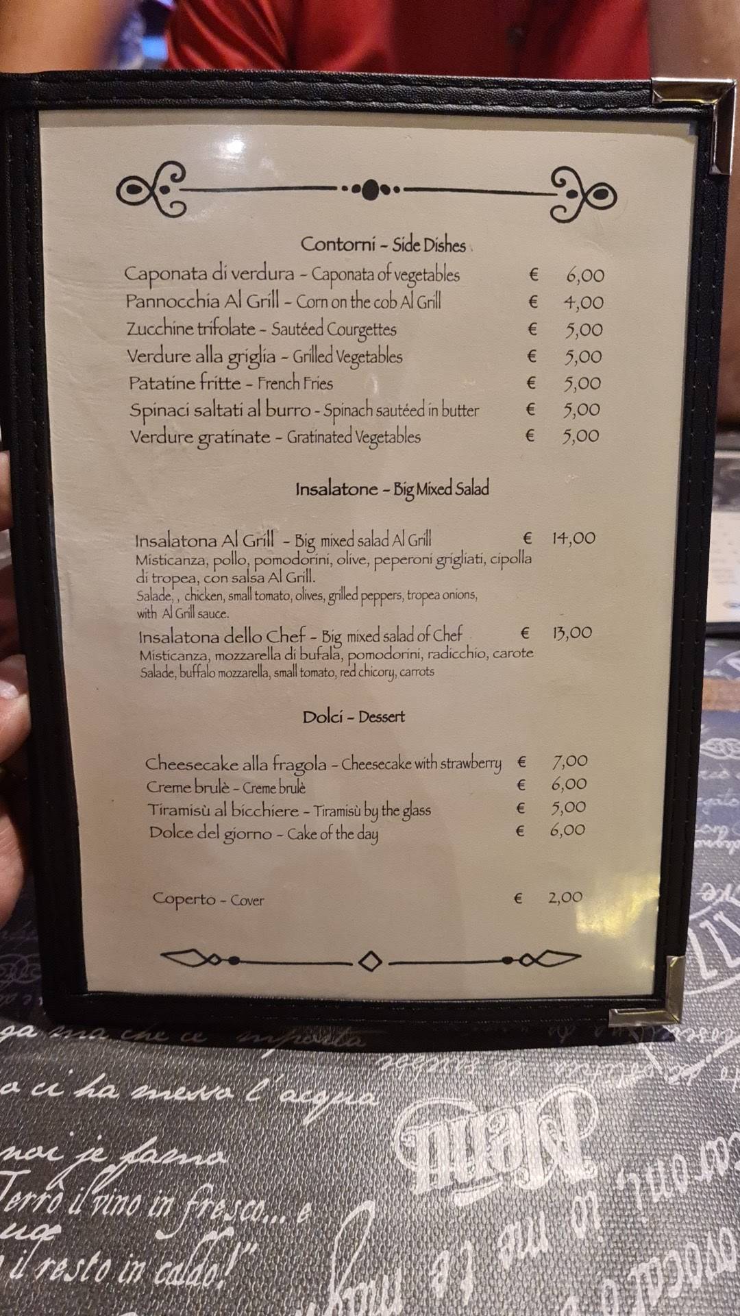 Menu da Al Grill ristorante con griglia, Venezia, Santa Croce