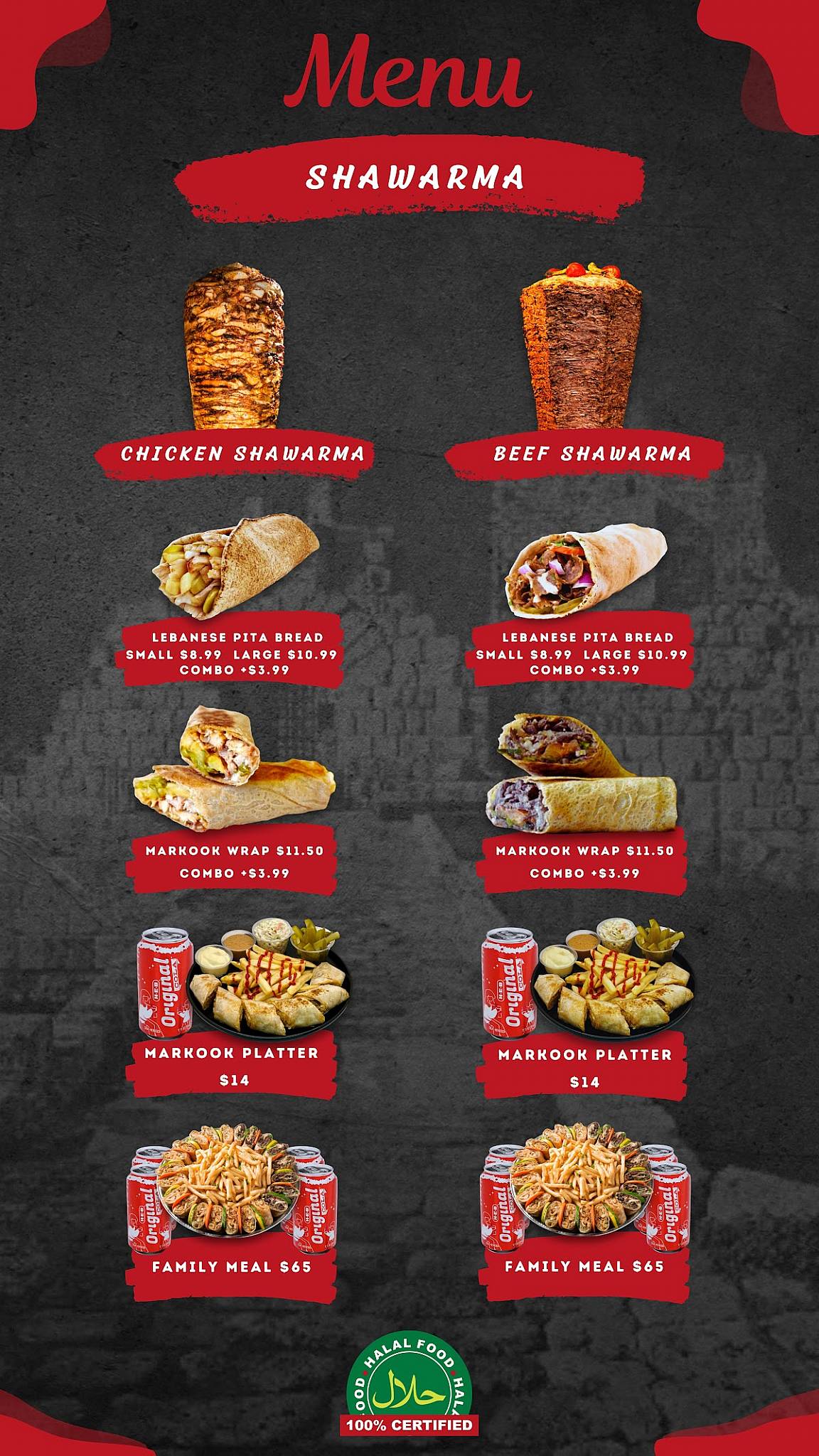 Menu at Al Osta Shawarma & Grill (Halal Food Truck) restaurant, Houston