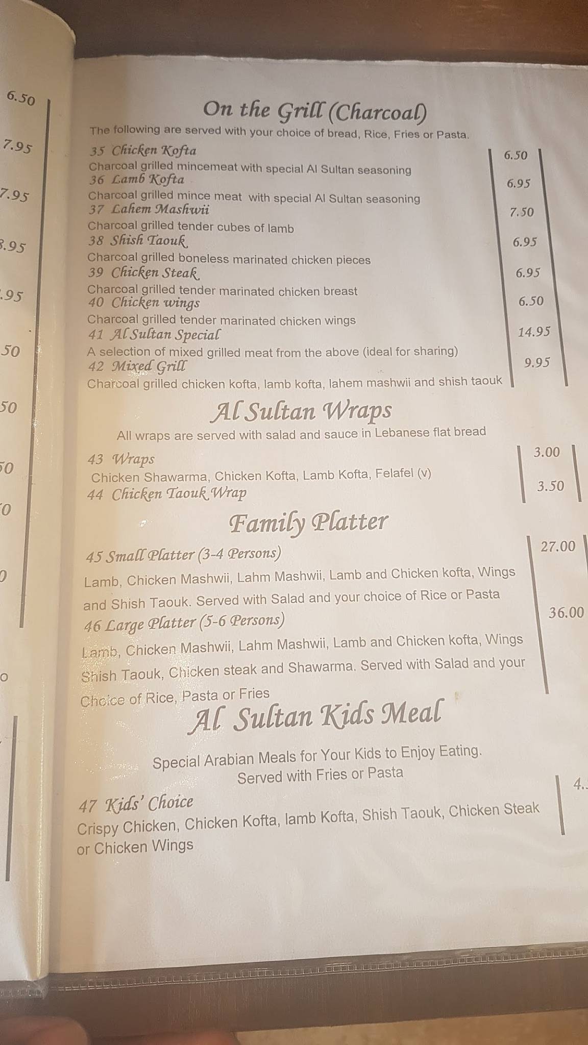 Menu at Al Sultan Restaurant, Birmingham