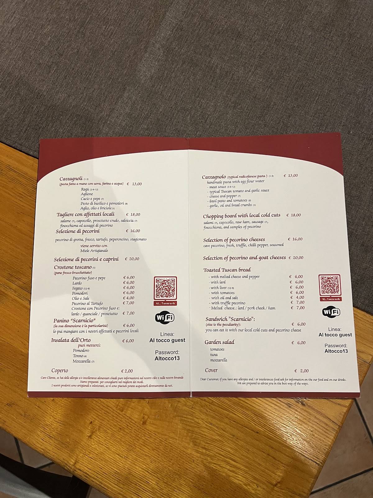 Menu da Al... Tocco pub & bar, Radicofani