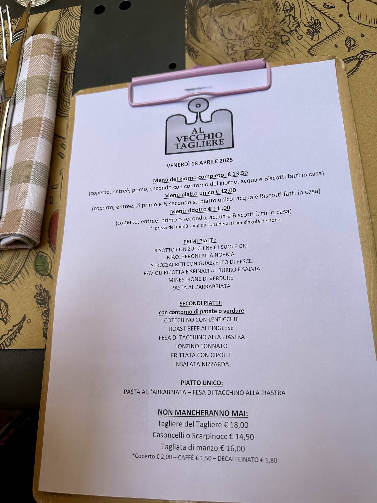 Menu da Al Vecchio Tagliere ristorante, Bergamo, Via Sant'Alessandro
