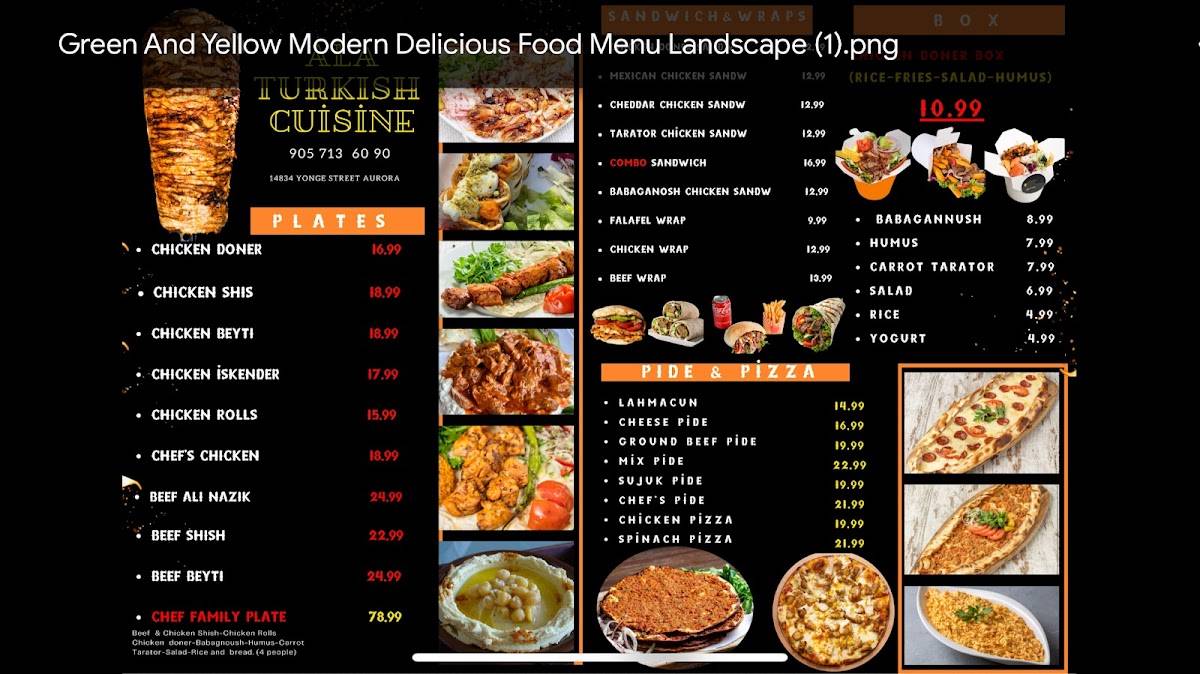 Menu at Ala turkish cuisine restaurant, Aurora