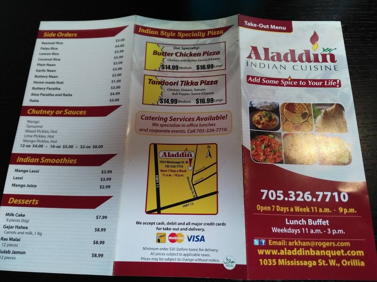 Menu at Aladdin Indian Cuisine & Banquet Hall restaurant, Orillia