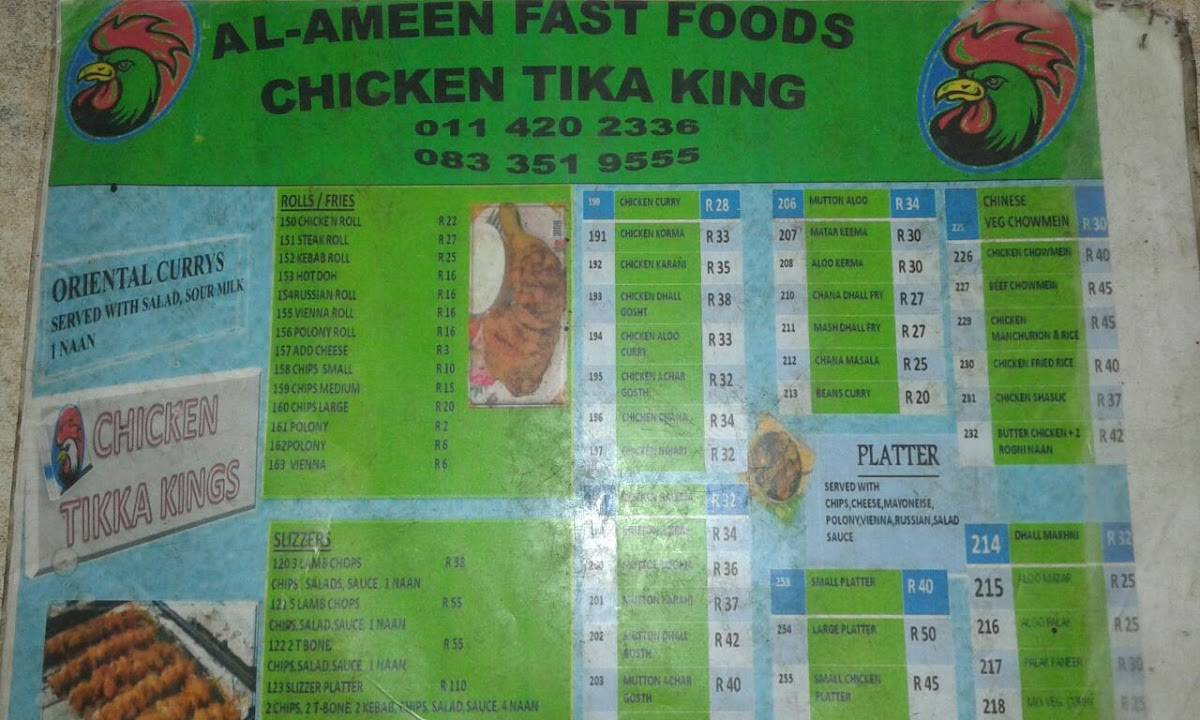 Menu at Alameen Fast Food, Benoni