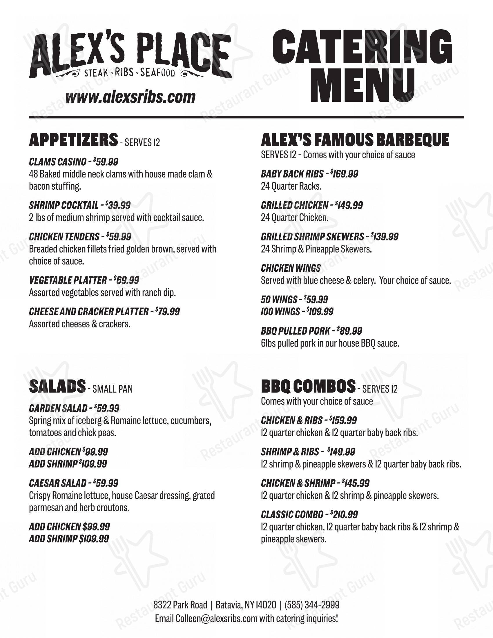 Menu at Alex's Place steakhouse, Batavia