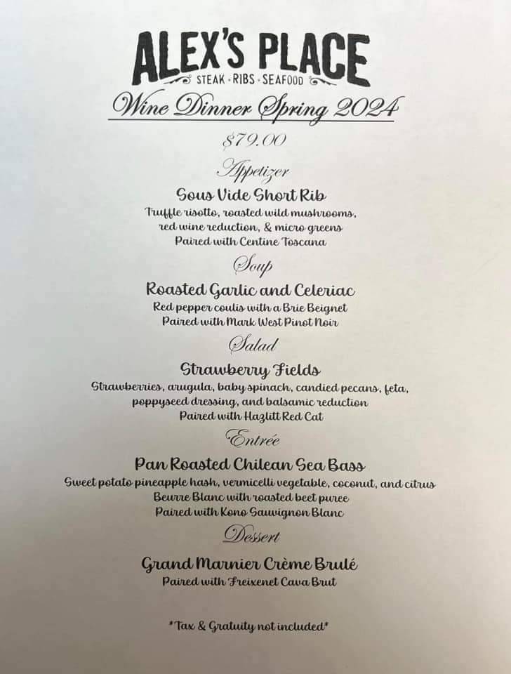 Menu at Alex's Place steakhouse, Batavia
