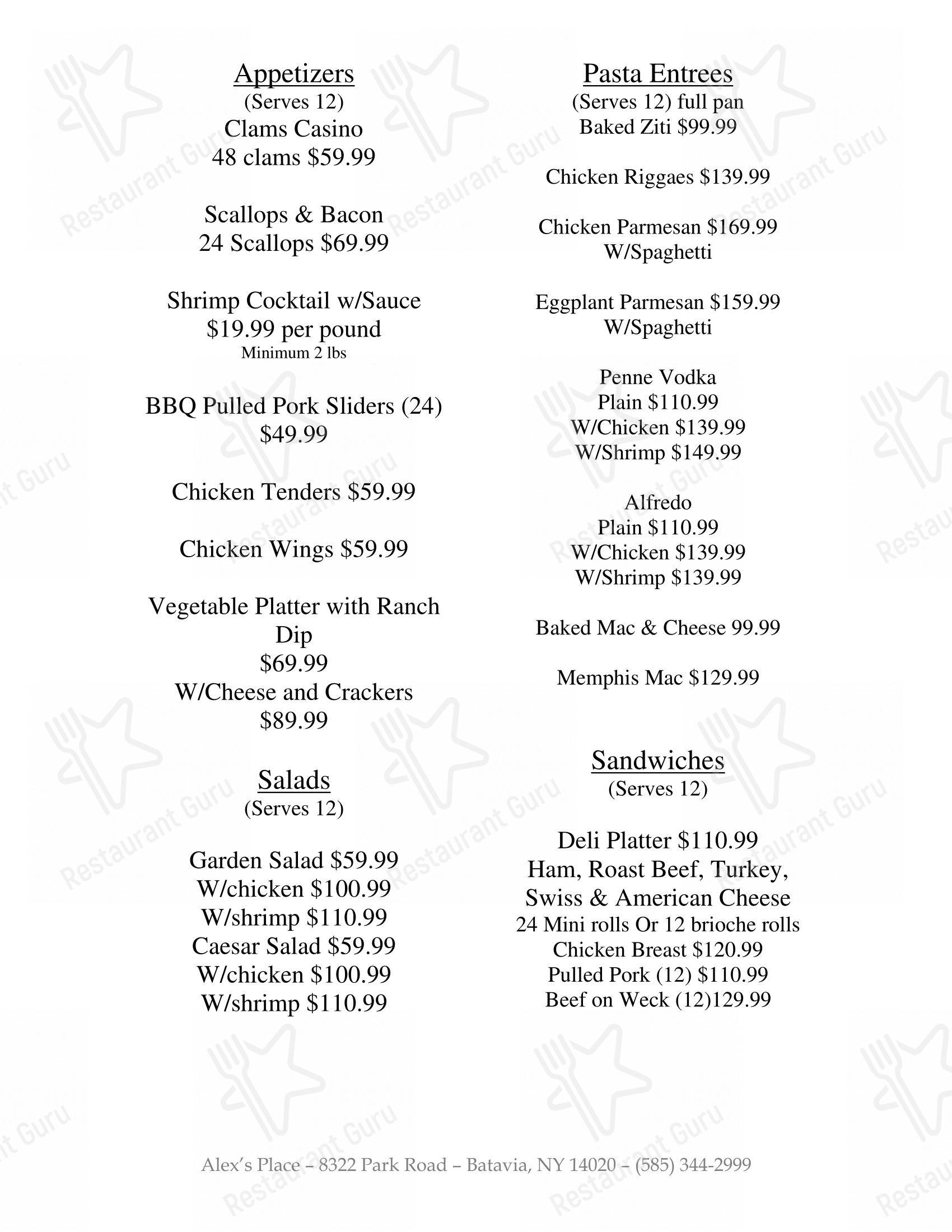 Menu at Alex's Place steakhouse, Batavia