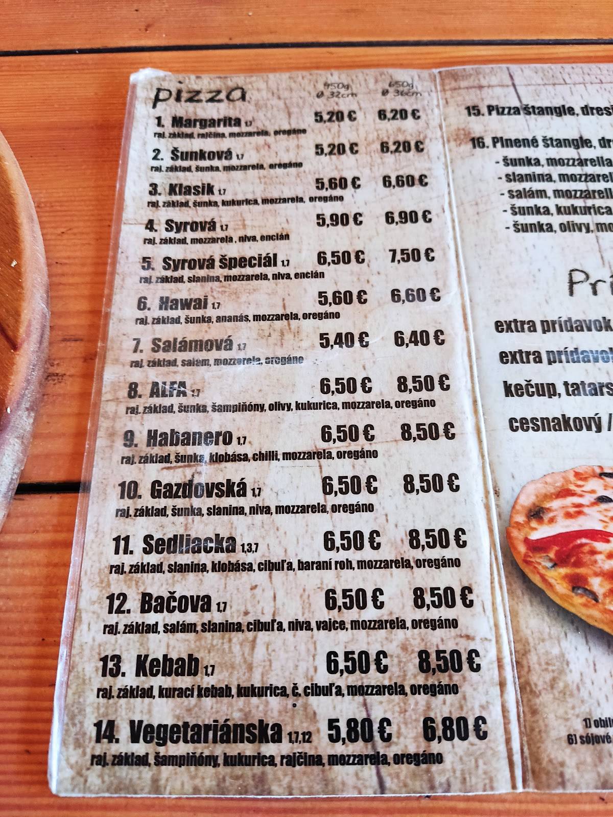 Menu at Alfa Bar, Vrbové