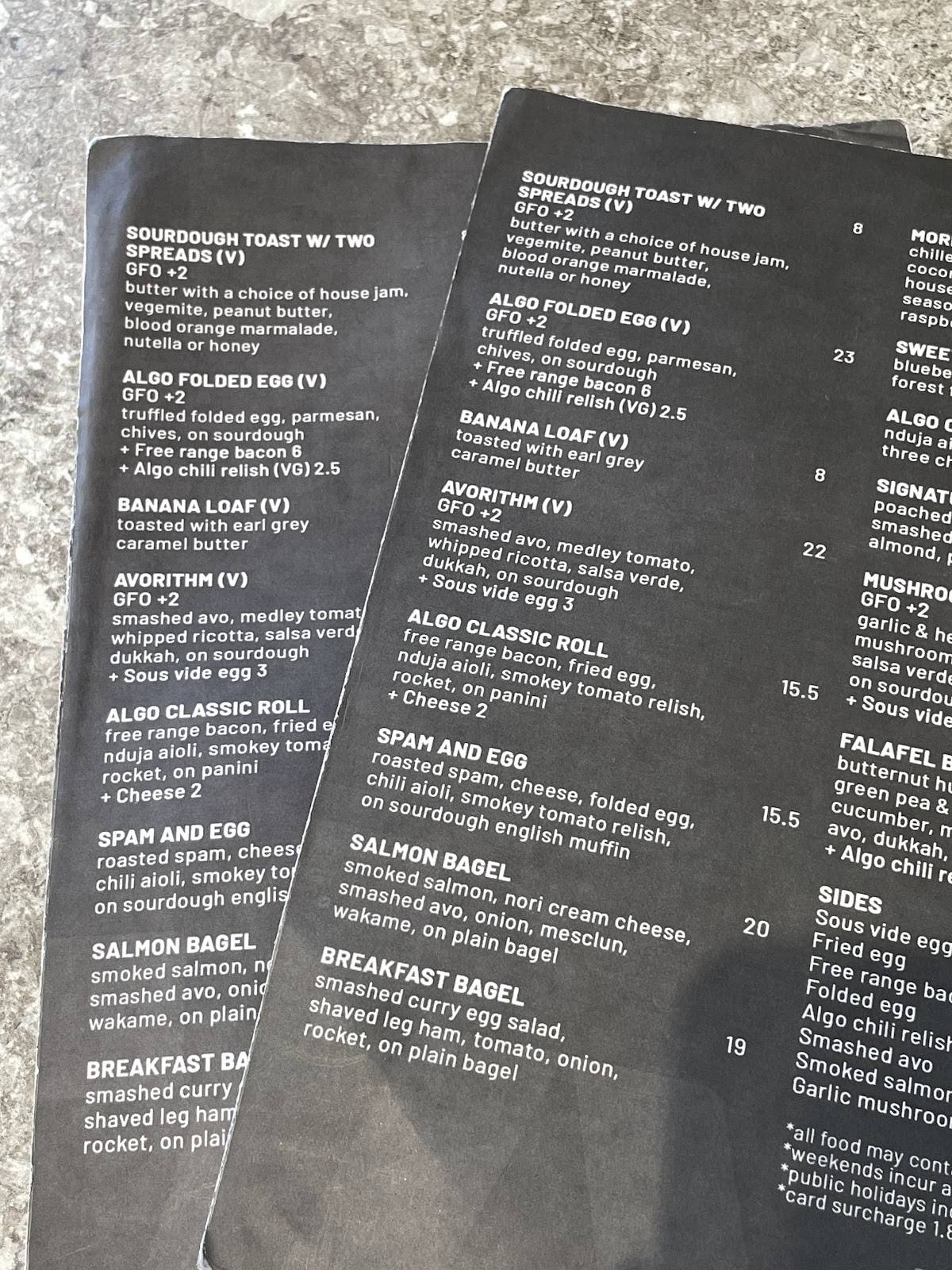 Menu at Algorithm Cafe Marrickville, Marrickville
