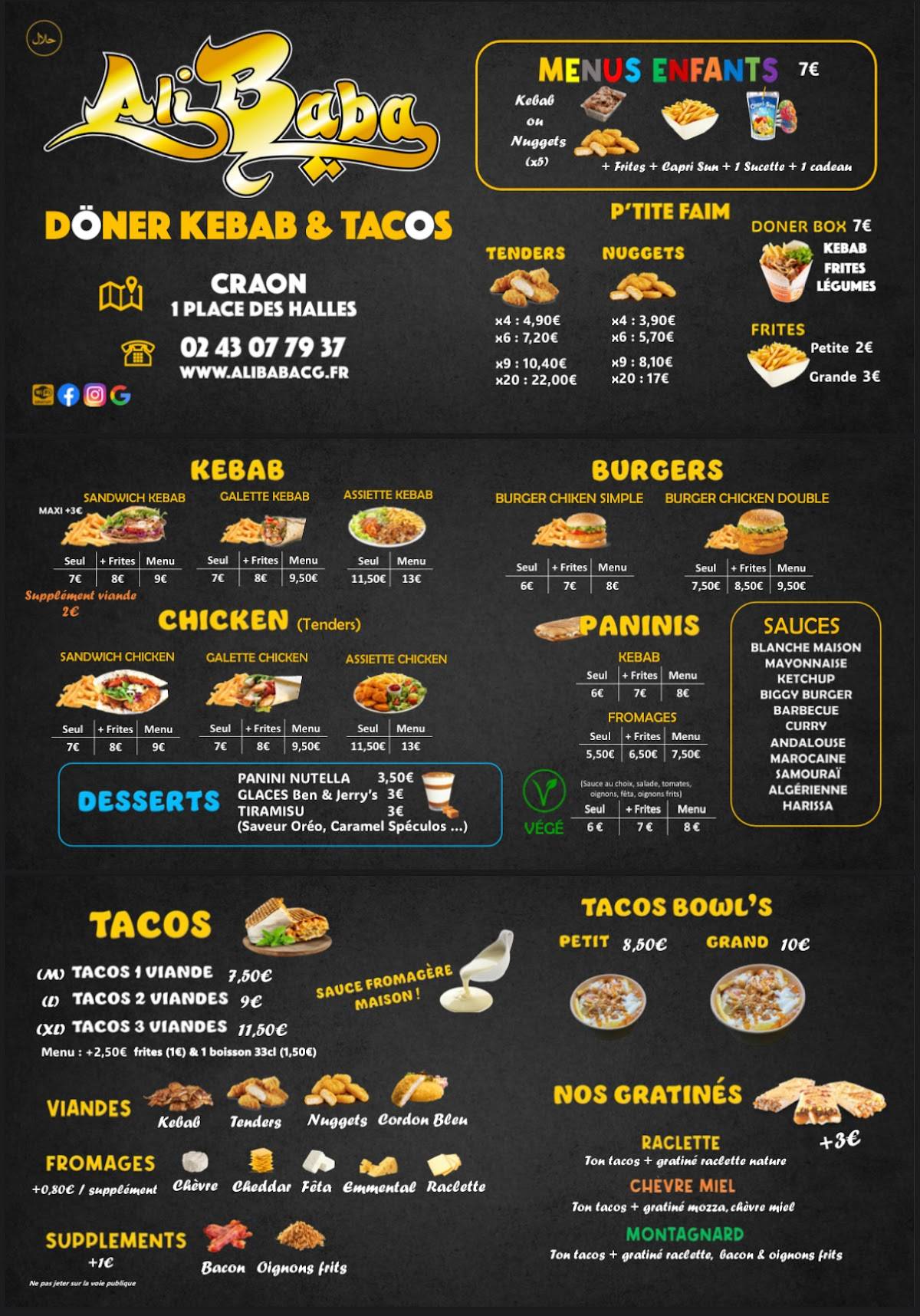 Menu au Alibaba Döner kebab & Tacos - CRAON fast food, Craon