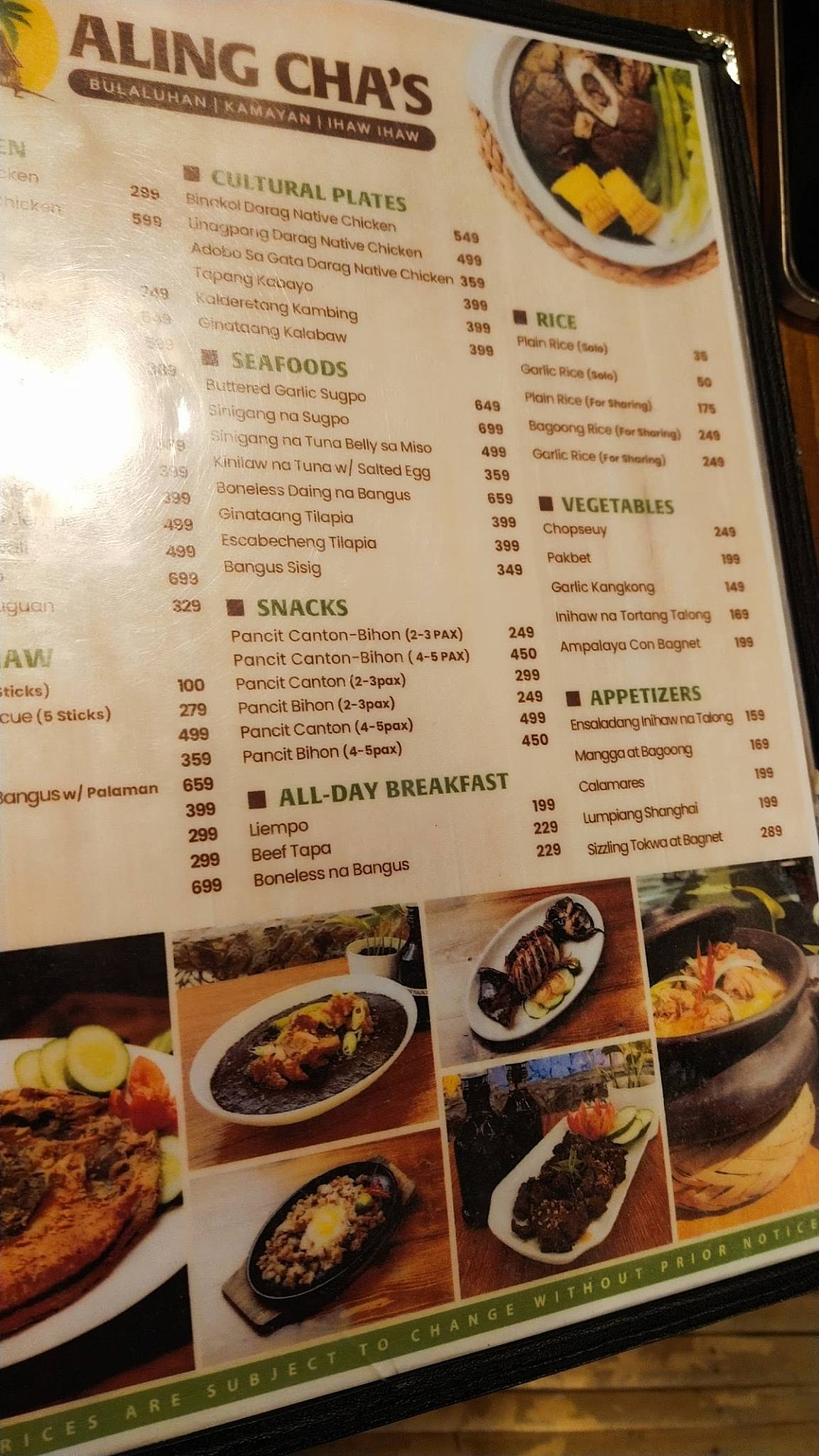 Menu at Aling Cha's Bulaluhan Kamayan Ihaw-ihaw restaurant, Biñan