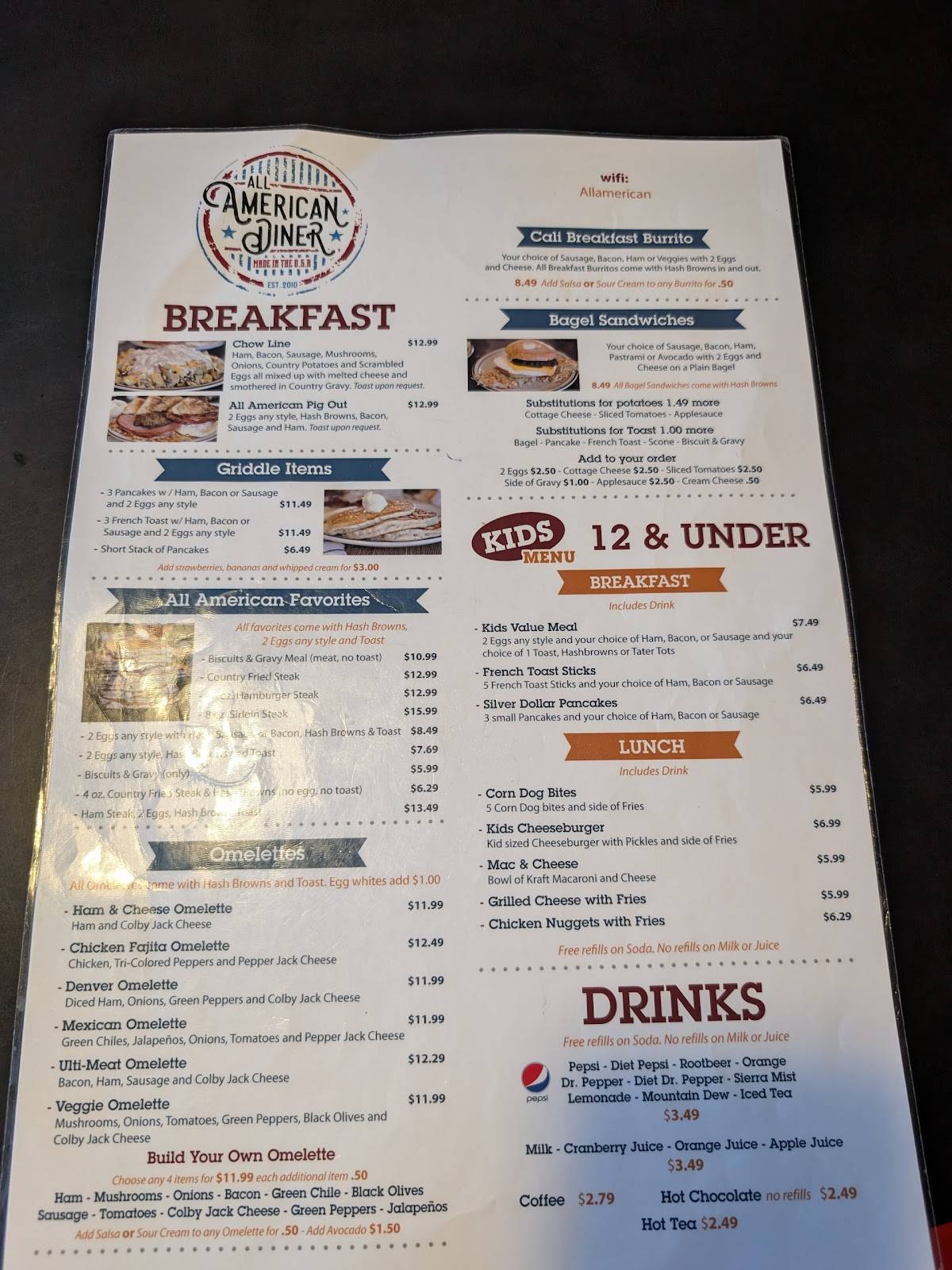 Menu at All American Diner restaurant, Cedar City