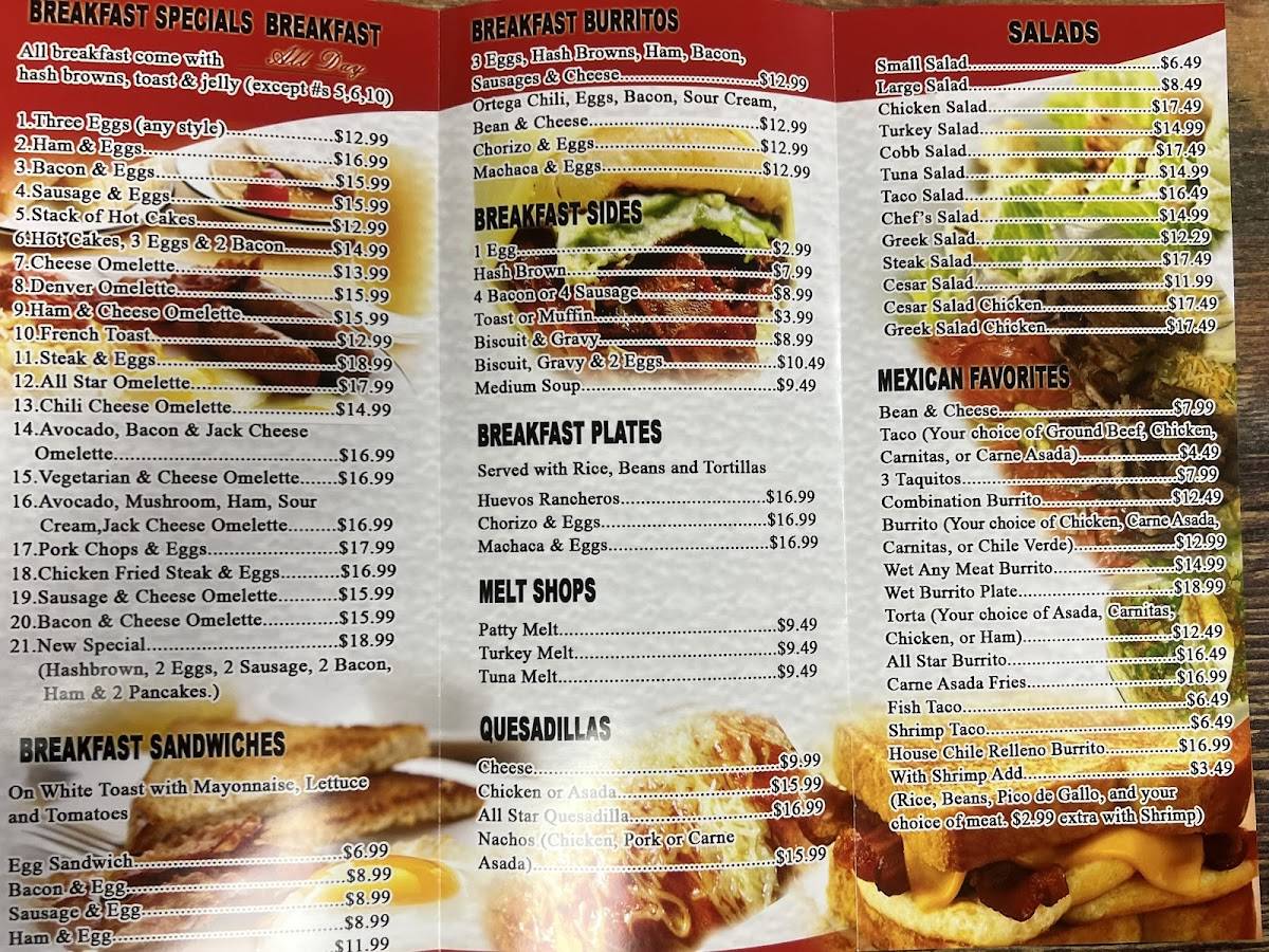 Menu at All Star Burgers restaurant, Desert Hot Springs, Dillon Rd