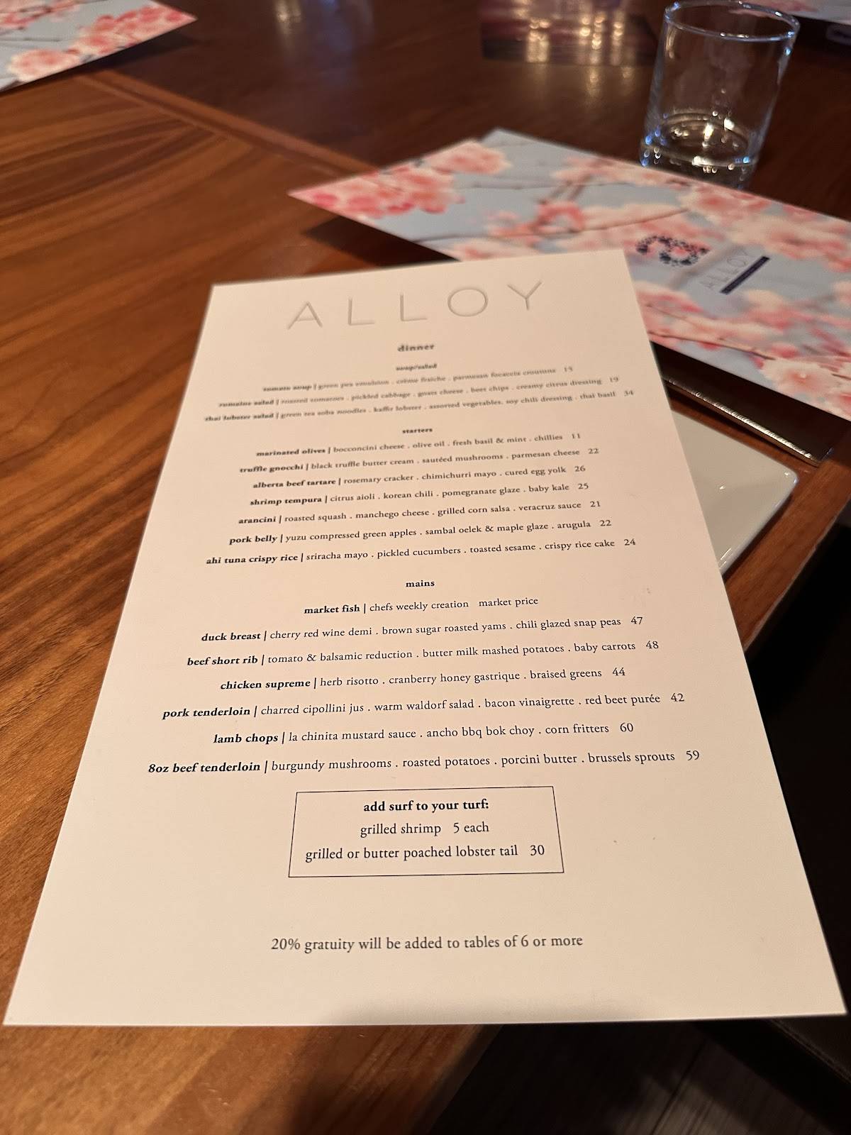 Menu at Alloy restaurant, Calgary