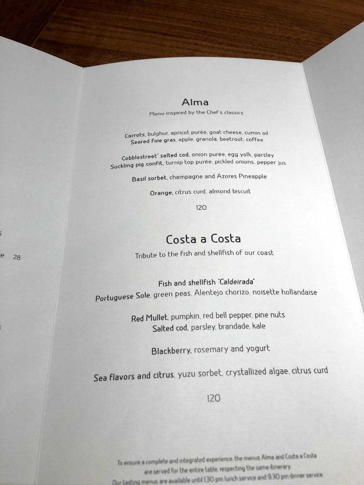 Menu at Alma restaurant, Lisbon, R. Anchieta 15