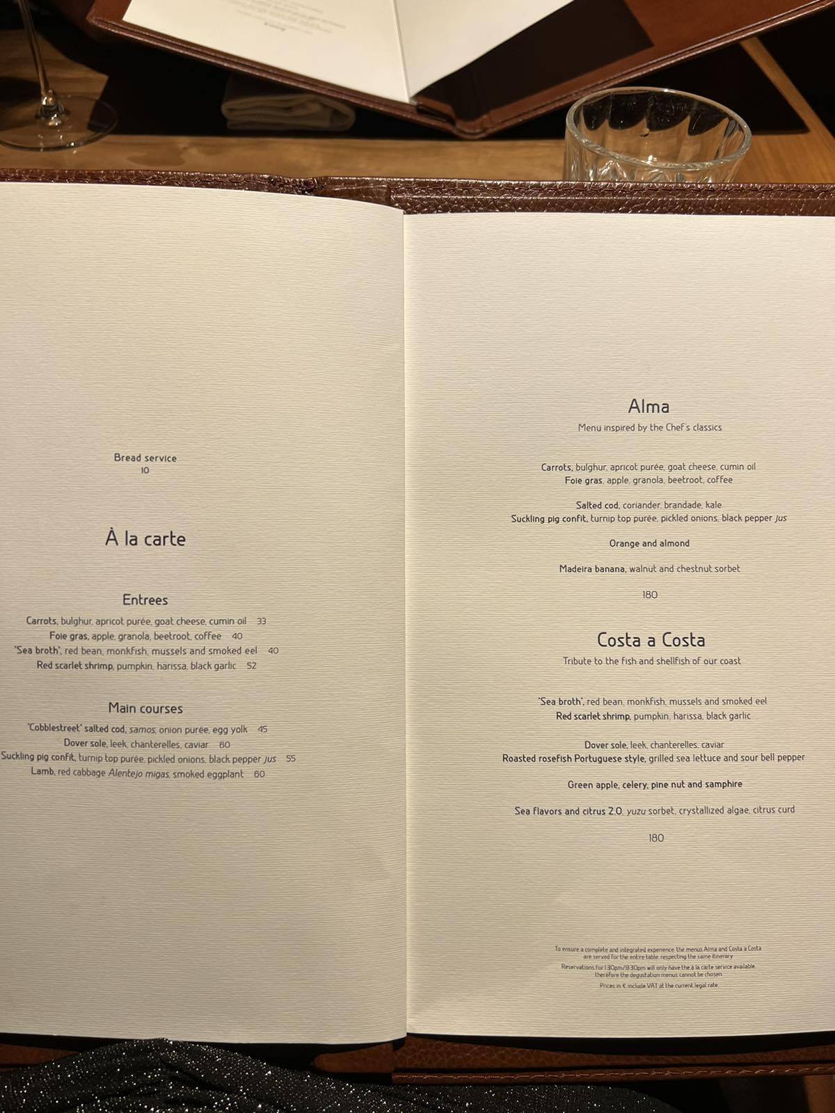 Menu at Alma restaurant, Lisbon, R. Anchieta 15