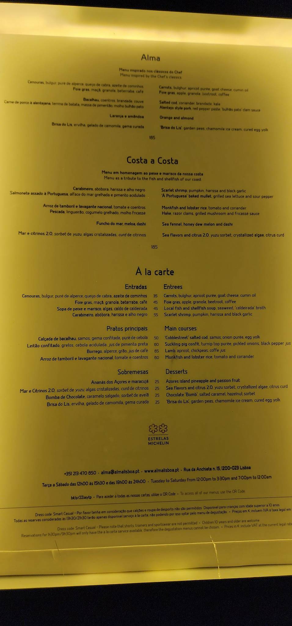 Menu at Alma restaurant, Lisbon, R. Anchieta 15