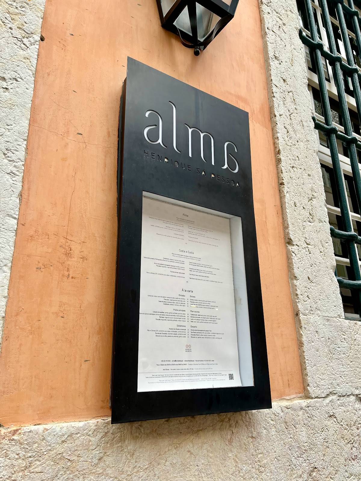 Menu at Alma restaurant, Lisbon, R. Anchieta 15
