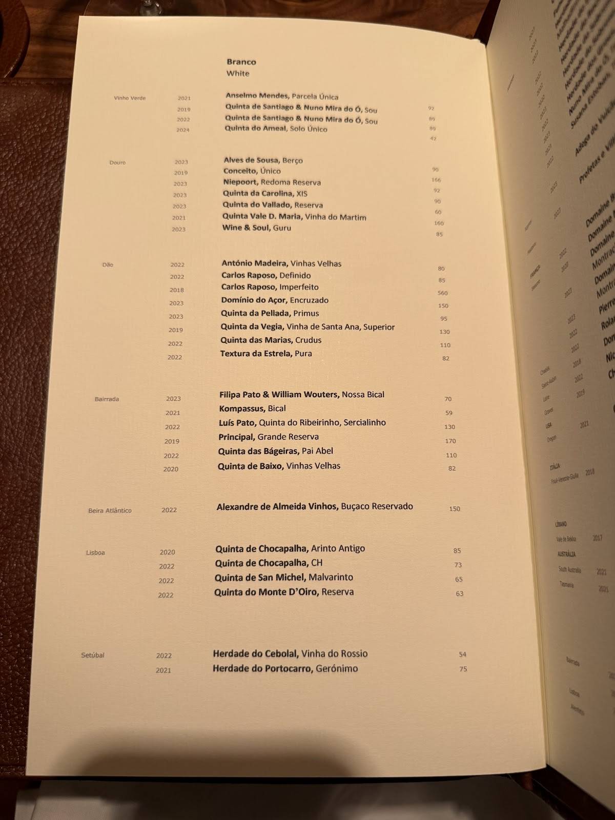 Carta del restaurante Alma, Lisboa, R. Anchieta 15