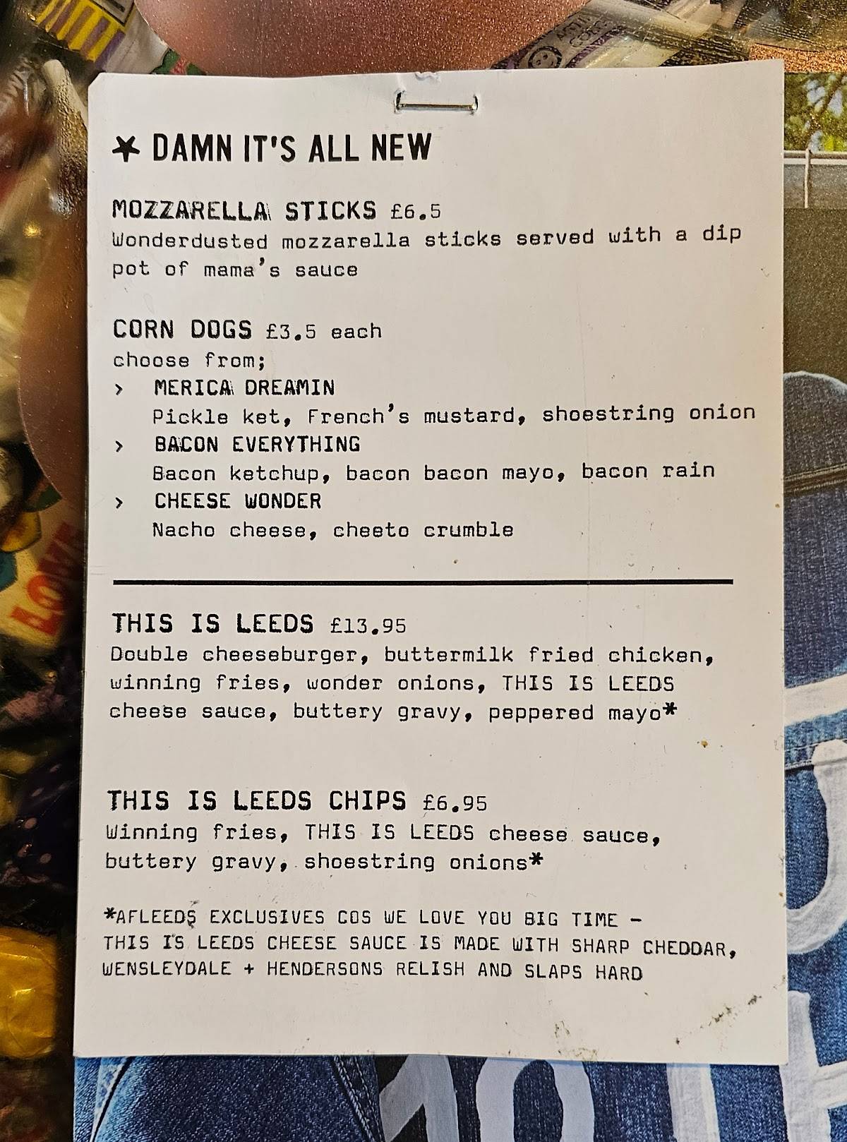 Menu at Almost Famous Leeds fast food, Leeds