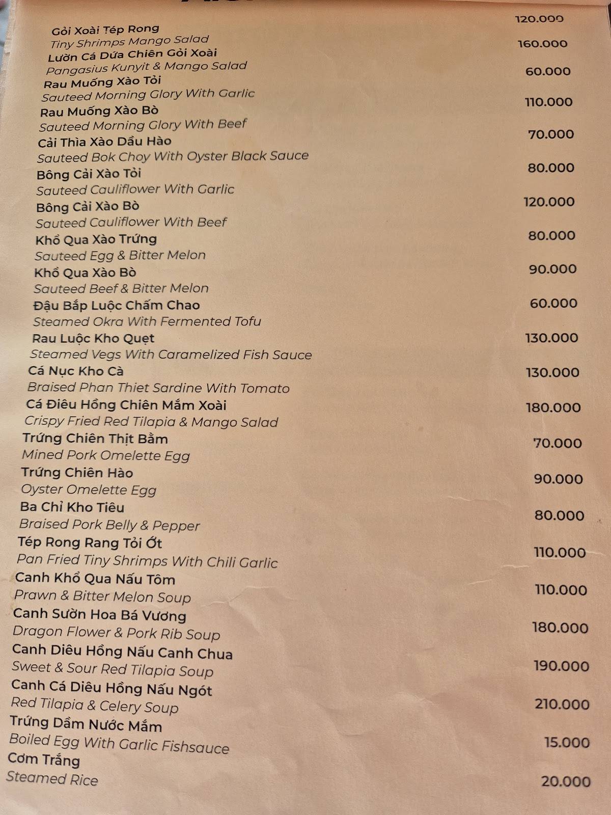Menu at Aloha Beach Club, Phan Thiet