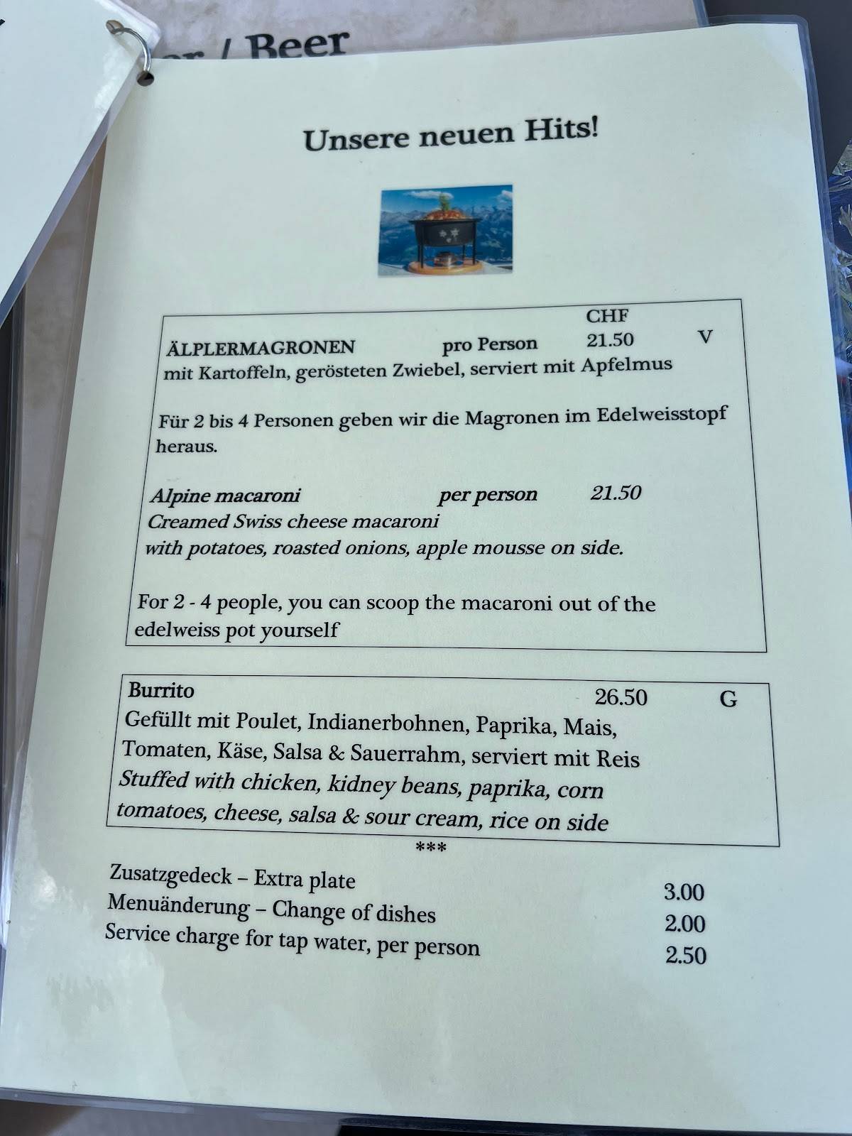 Menu au Alpina Panorama hotel & Restaurant, Lauterbrunnen