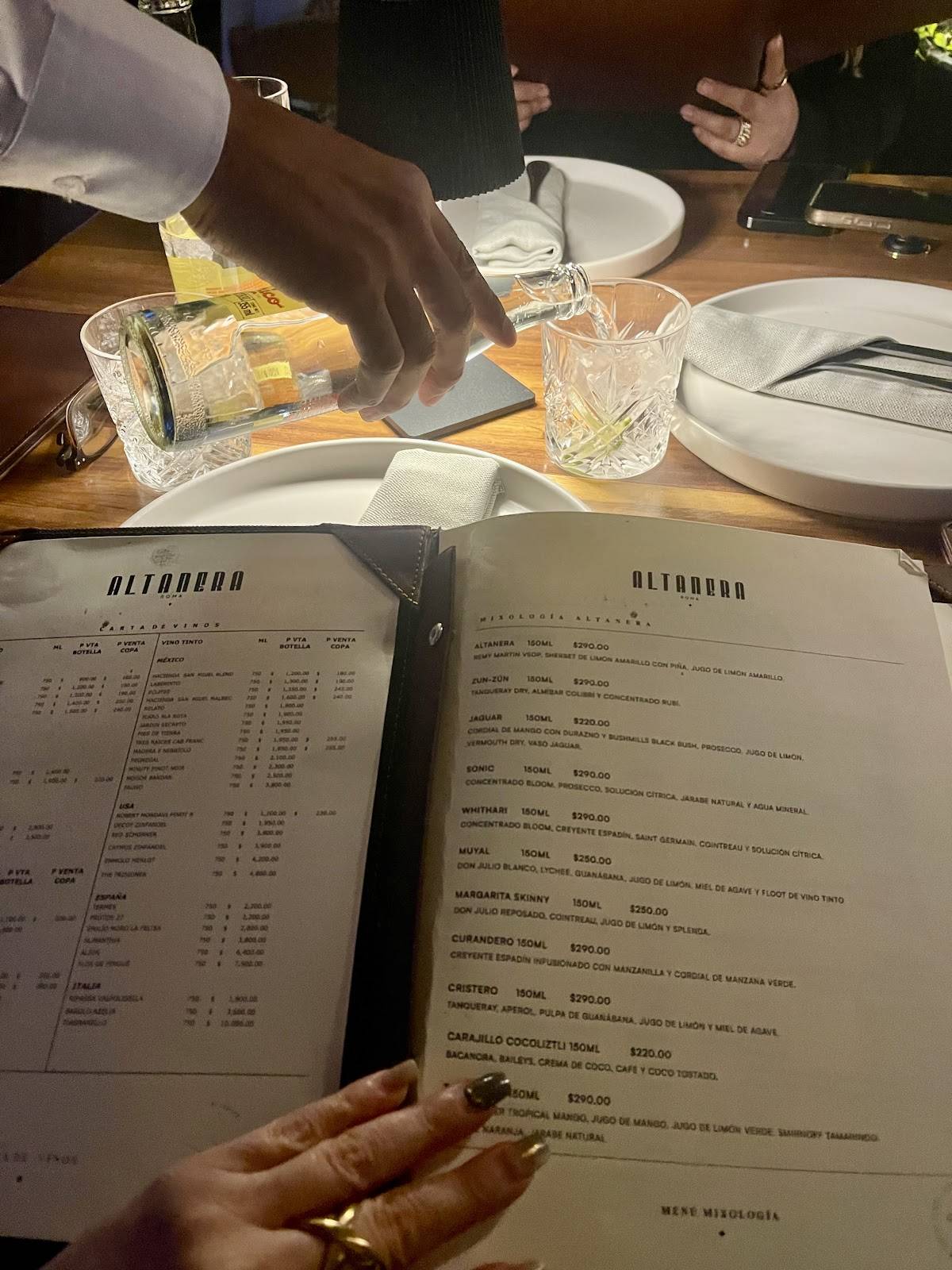 Carta del restaurante Altanera Roma, Ciudad del México