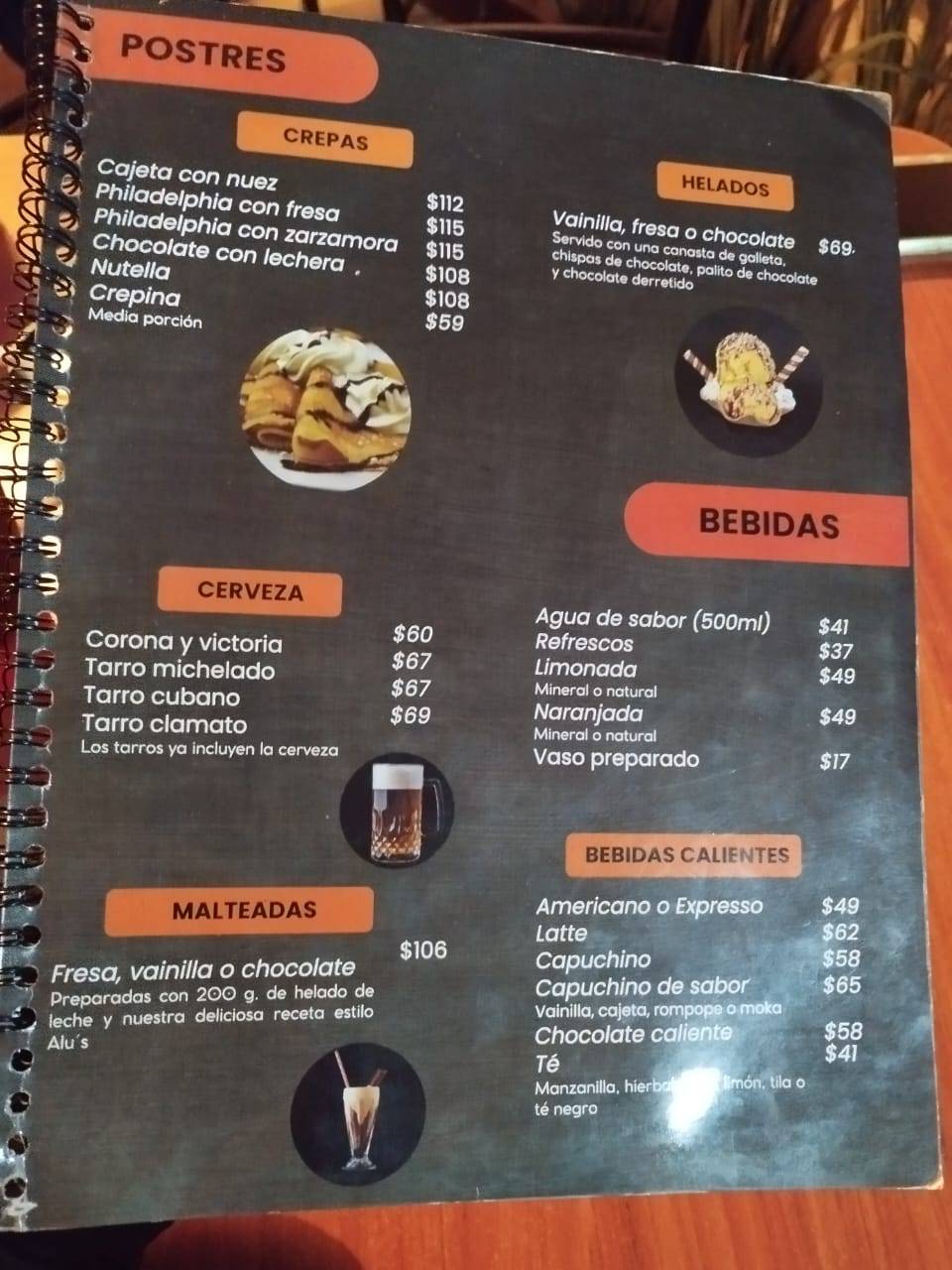 Menu at Alu's restaurant, Mexico City