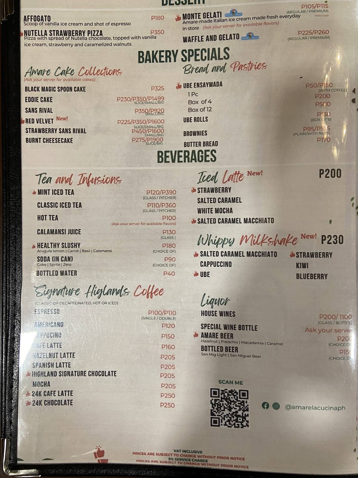 Menu at Amare La Cucina restaurant, Baguio
