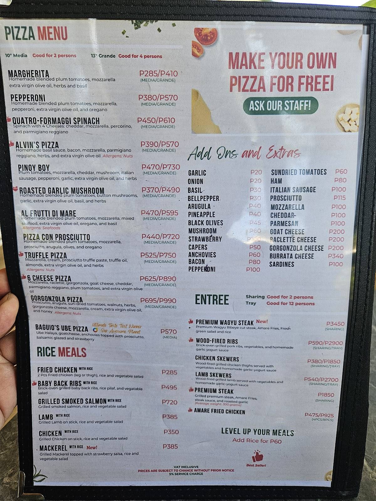 Menu at Amare La Cucina restaurant, Baguio