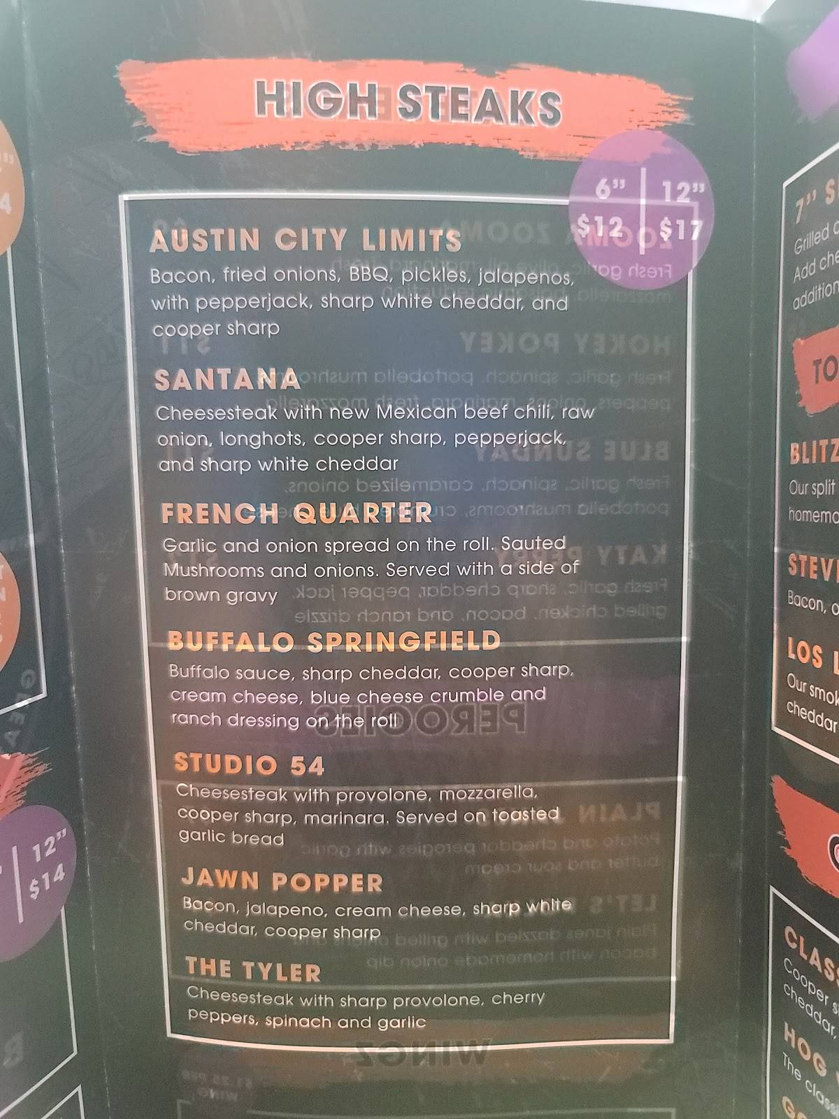 Menu at High Steaks restaurant, Ambler