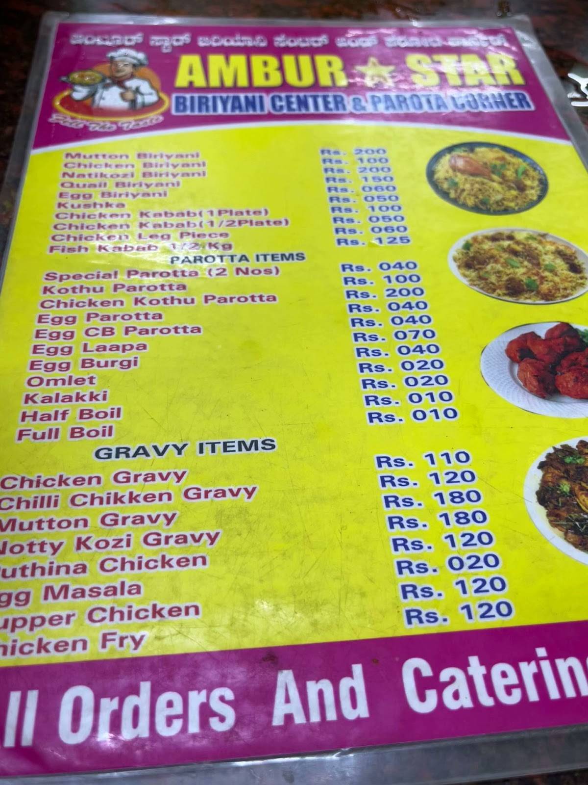 Menu at Ambur Star Biryani center and Parota corner, Bengaluru