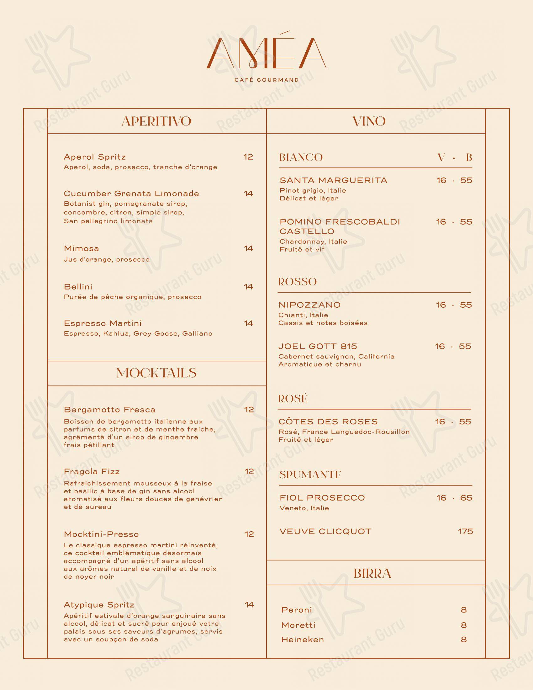 Menu at Amea Café, Montréal