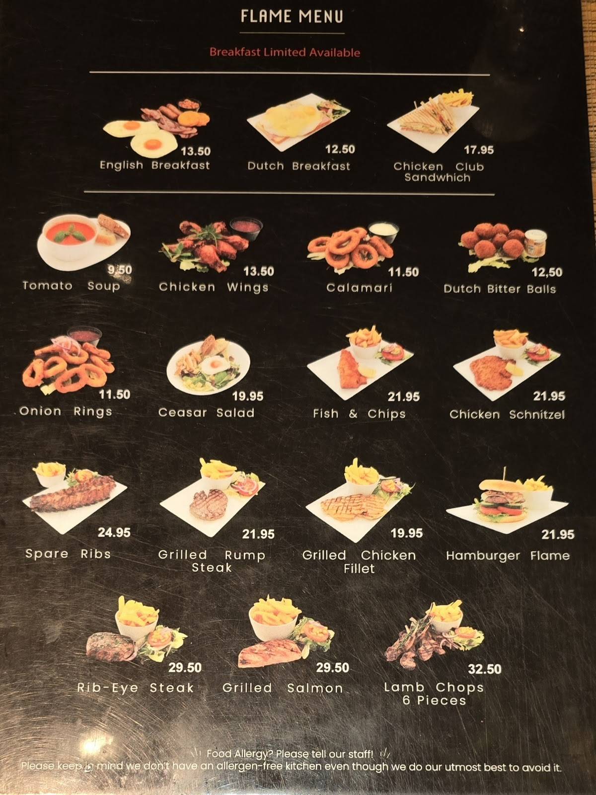 Menu at Restaurant Flame, Amsterdam