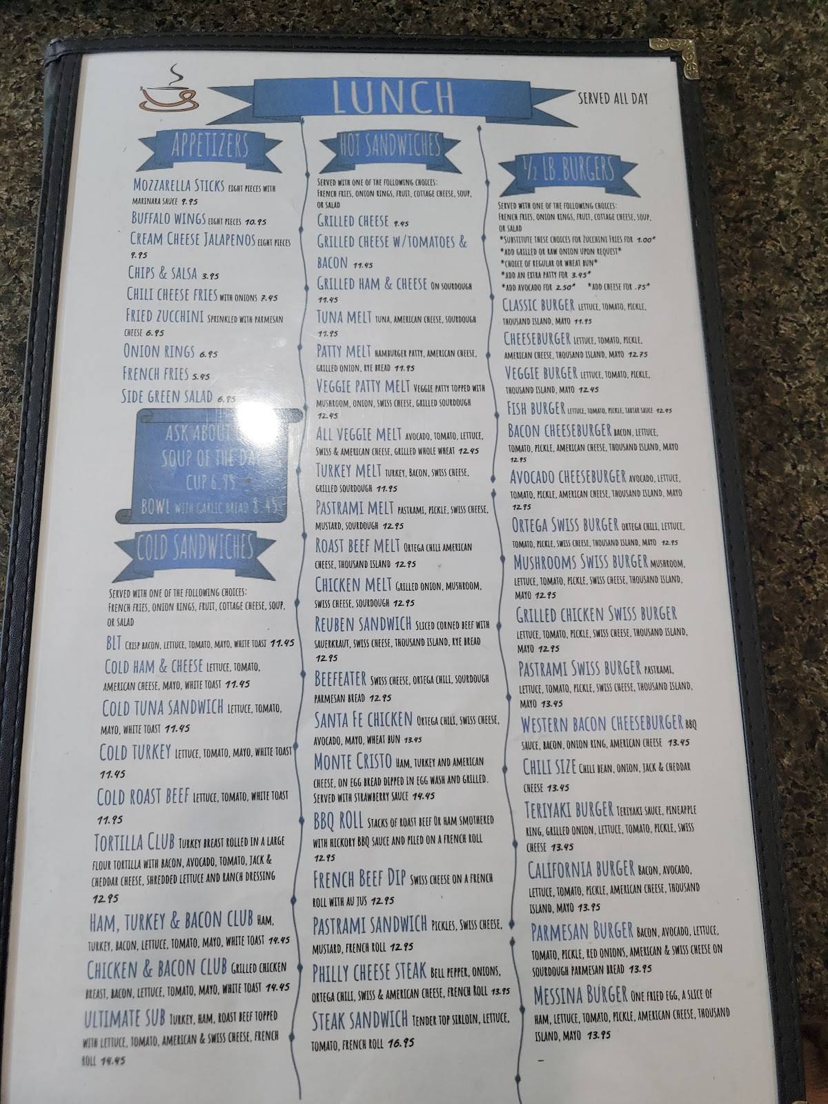 Menu at Amy's Cafe, Riverside